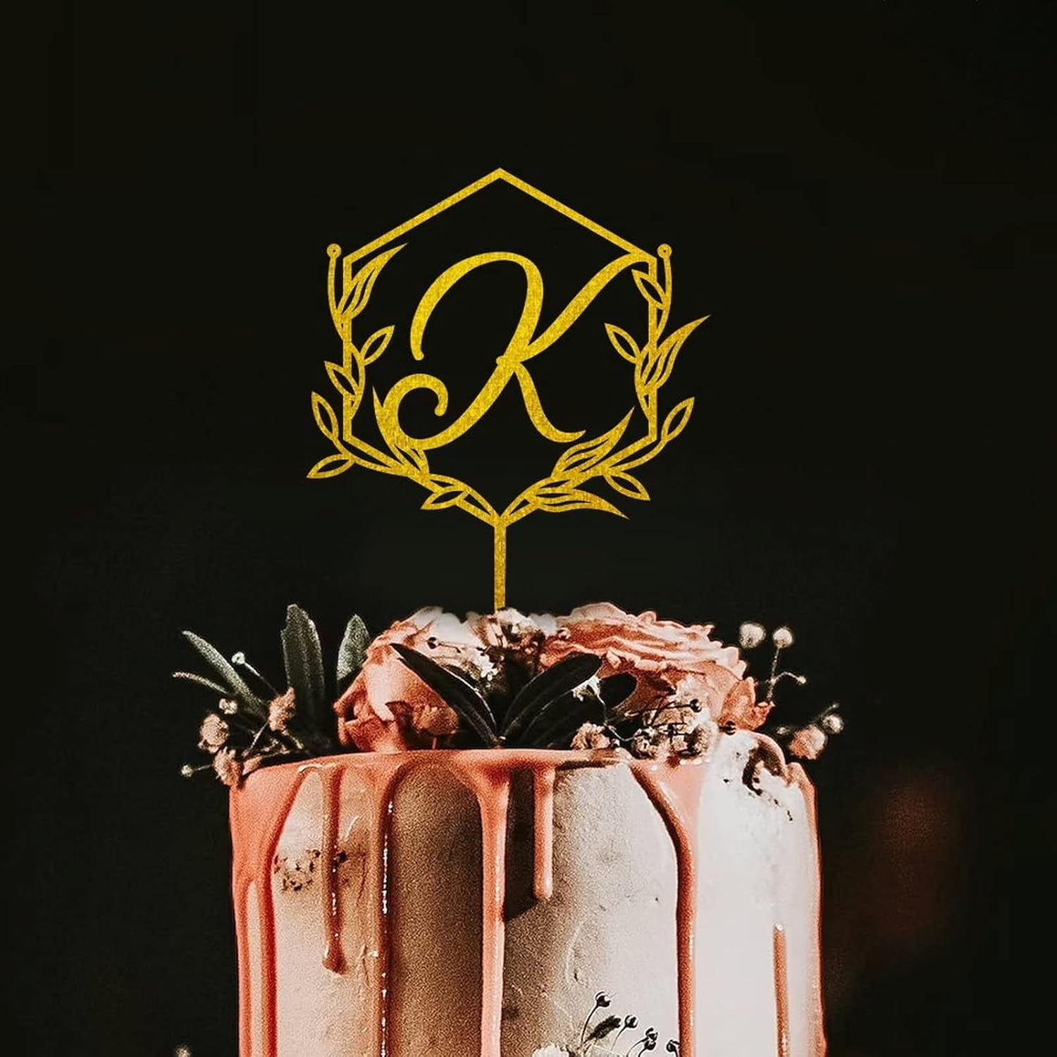 Monogram Letter K Cake Topper Golden Initials Wreath Cake Topper ...