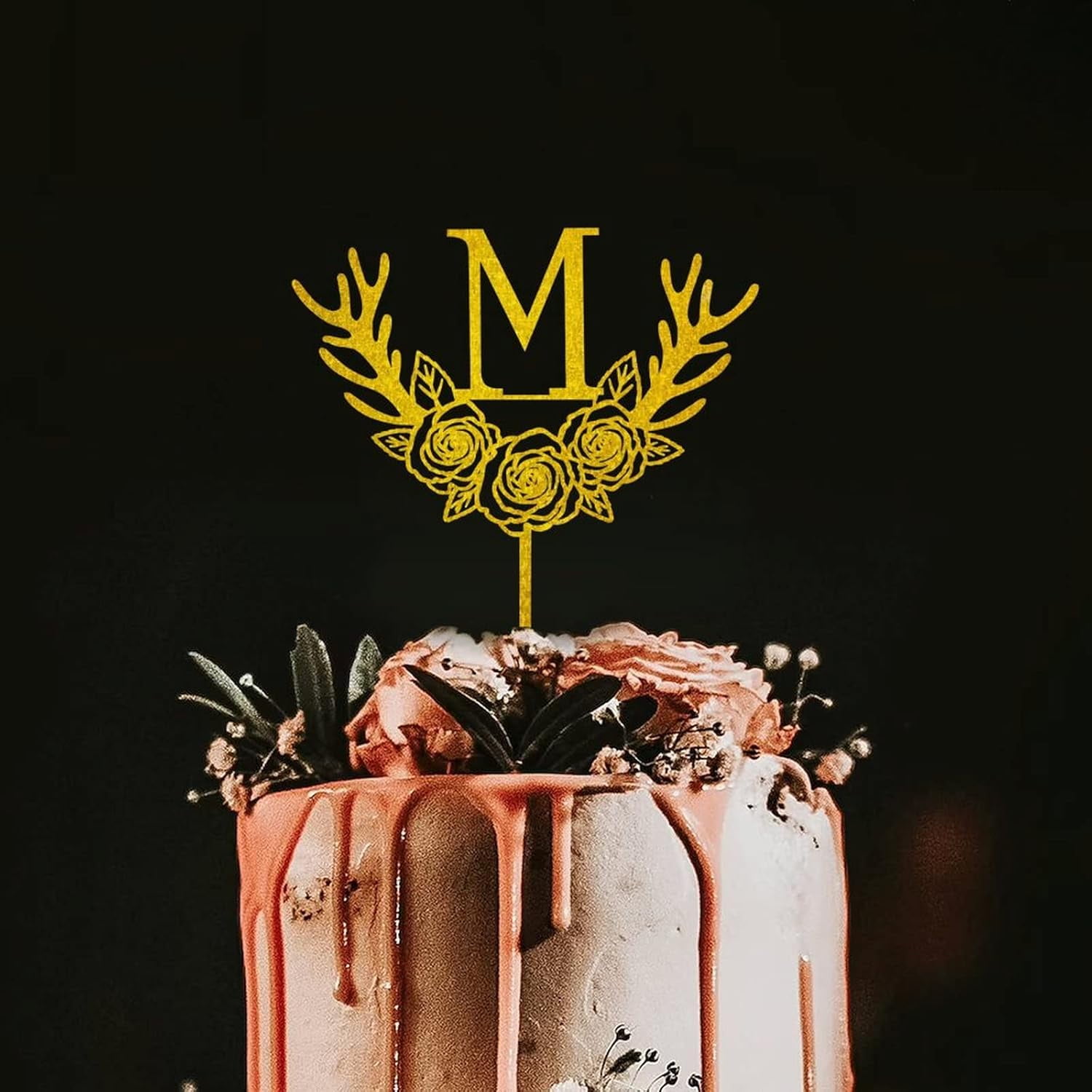 Monogram Letter M Cake Topper Golden Initials Antlers Flower Rose ...
