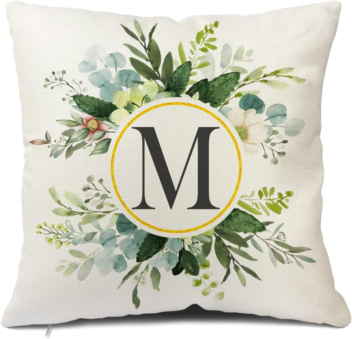 Monogram Letter M Throw Pillow Covers Floral 18x18 Inch, Greenery ...
