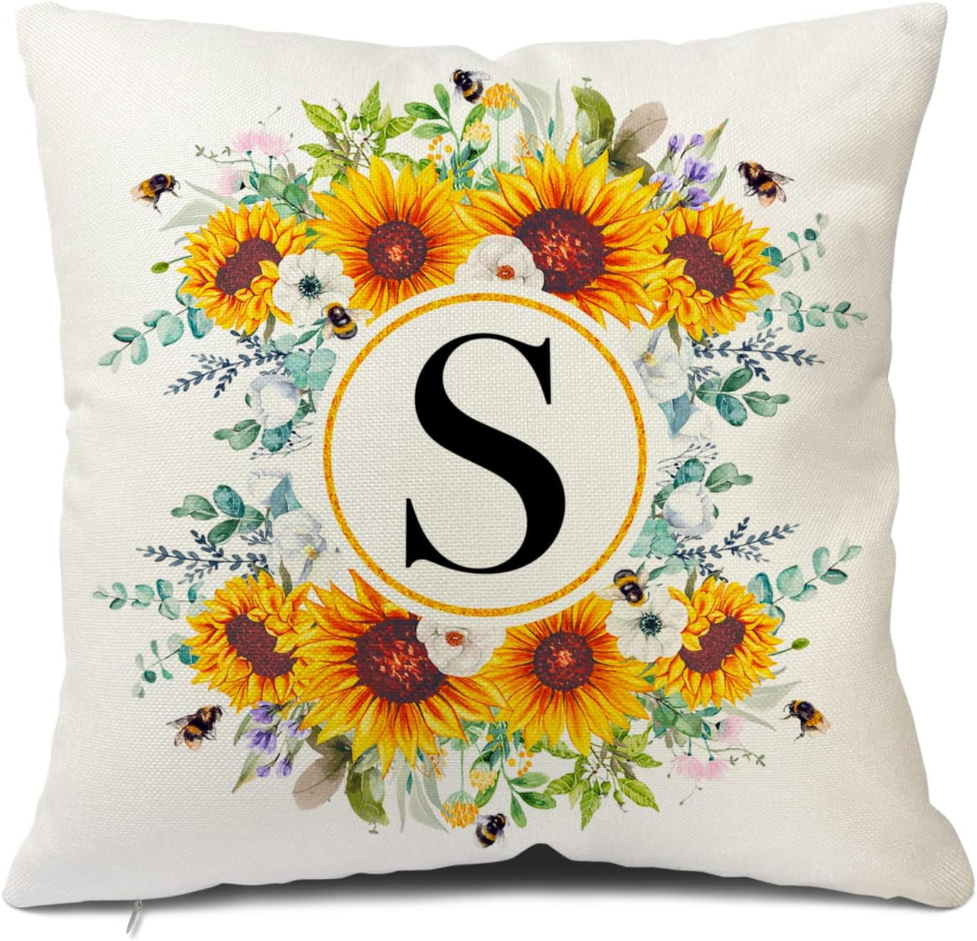 Monogram Letter S Summer Sunflower Throw Pillow Covers 18x18 Inch ...