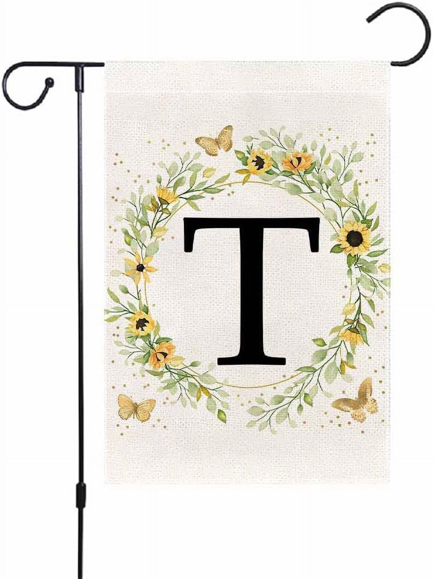 Monogram Letter T Garden Flag, Floral Wreath Flags Double Sided ...