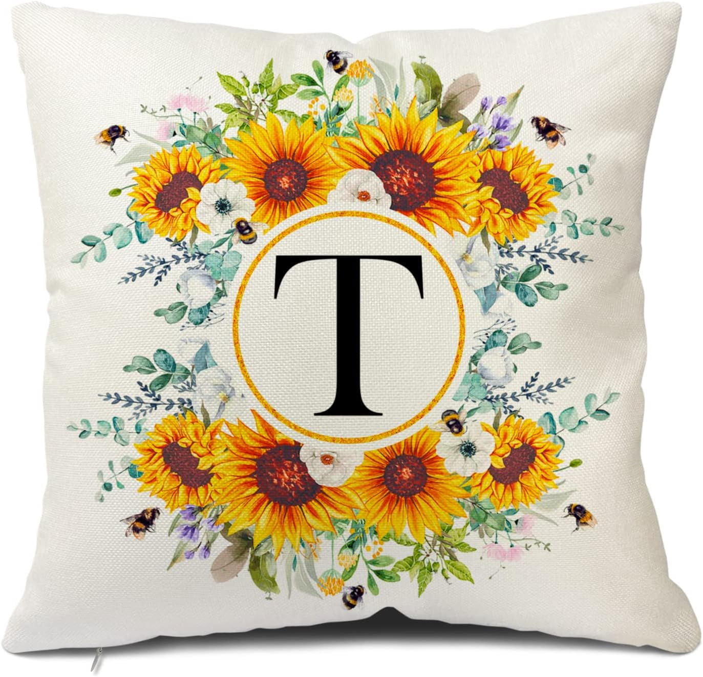 Monogram Letter T Summer Sunflower Throw Pillow Covers 18x18 Inch ...
