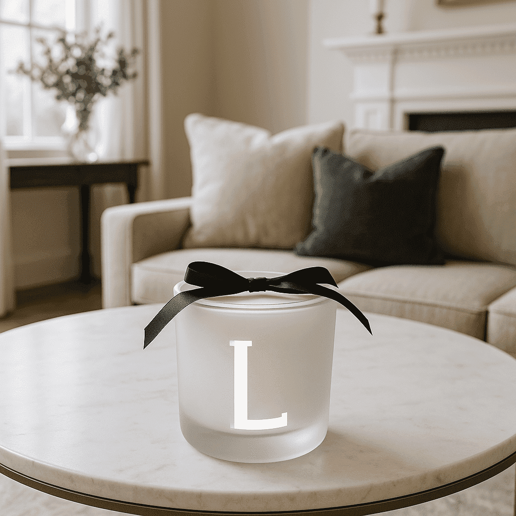Monogram Scented Candles Silver with Black Gift Bow Frosted ...