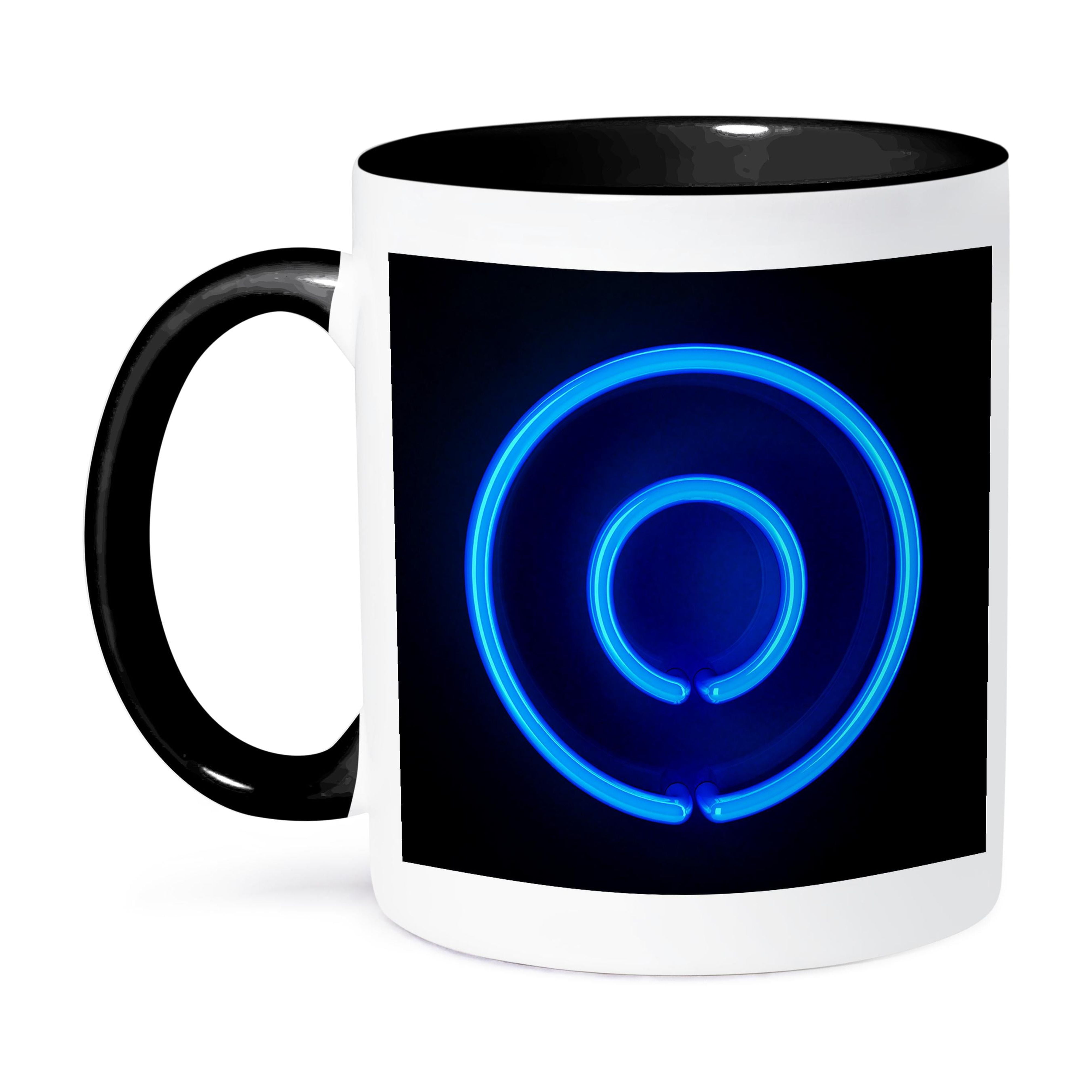 3dRose, Monogram letter O abstract neon blue lit shining illuminated, 11oz Two-Tone Black Mug ...