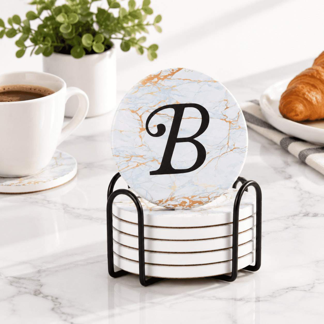 Monogrammed Coasters For Drinks Absorbents With Holder Set Of 6 Ceramic ...
