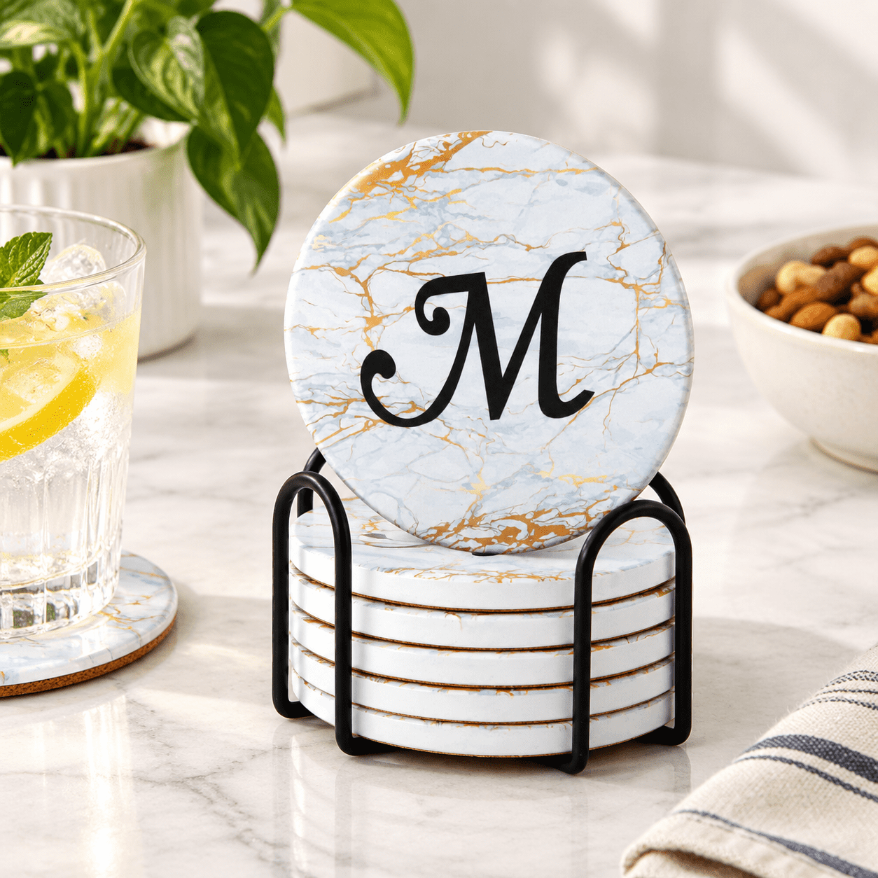 Monogrammed Coasters For Drinks Absorbents With Holder Set Of 6 Ceramic ...
