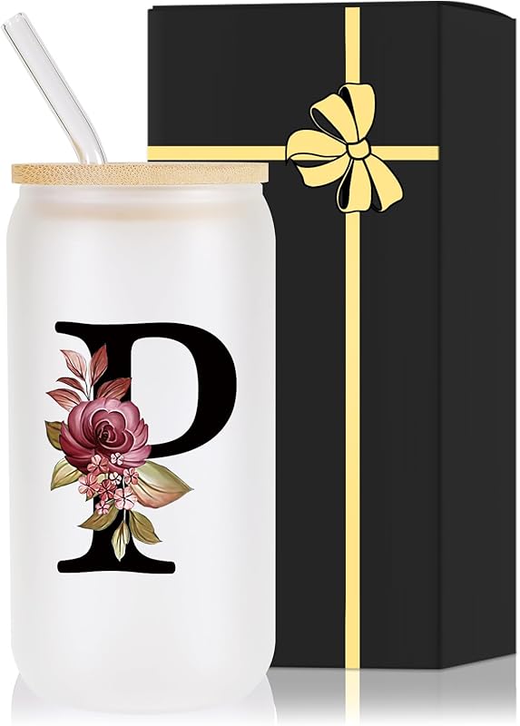 Monogrammed Glass Drinking Cup With Lid Straw Best Female Friend Happy ...