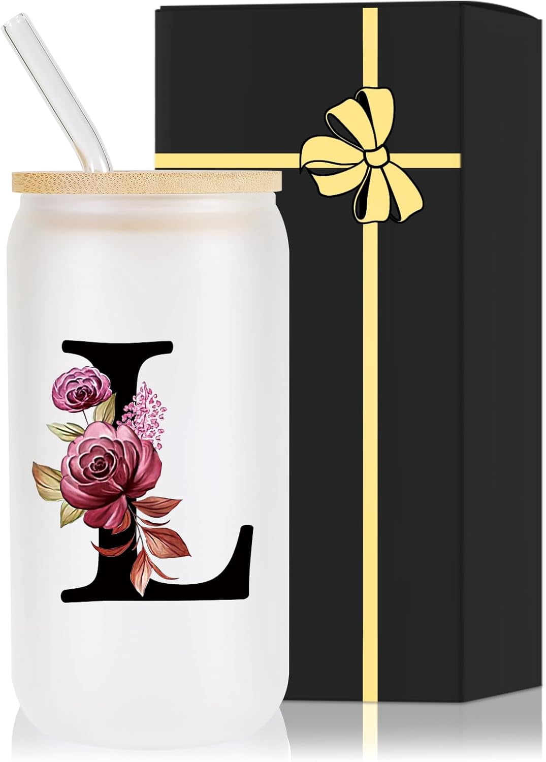 Monogrammed Glass Drinking Cup With Lid Straw Women Lady Boss Coworker ...
