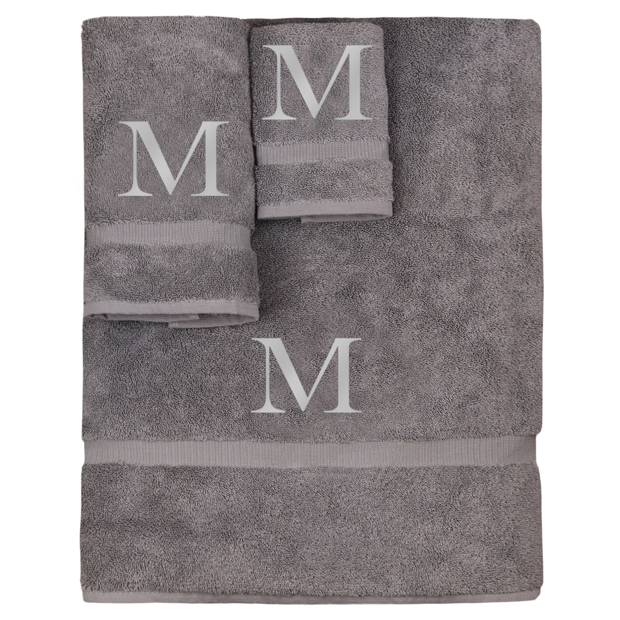 Monogrammed Towel Set, Personalized Gift, Set of 3- Silver Block Letter ...