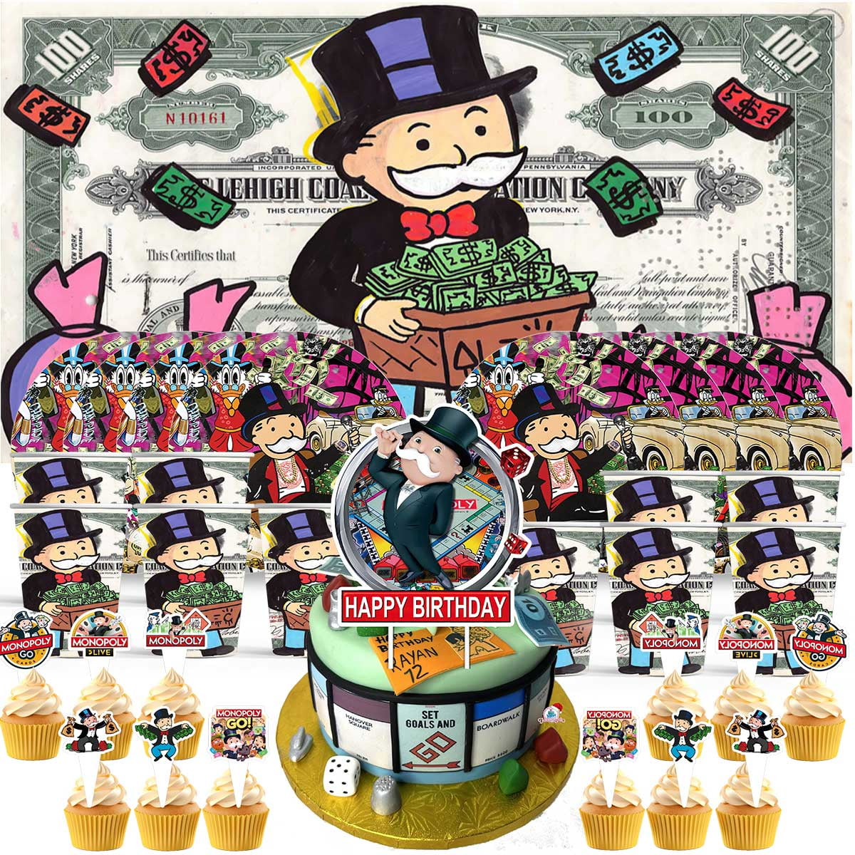 Monopoly Birthday Cups Party Supplies Decor Backdrop Paper Plates Fans ...