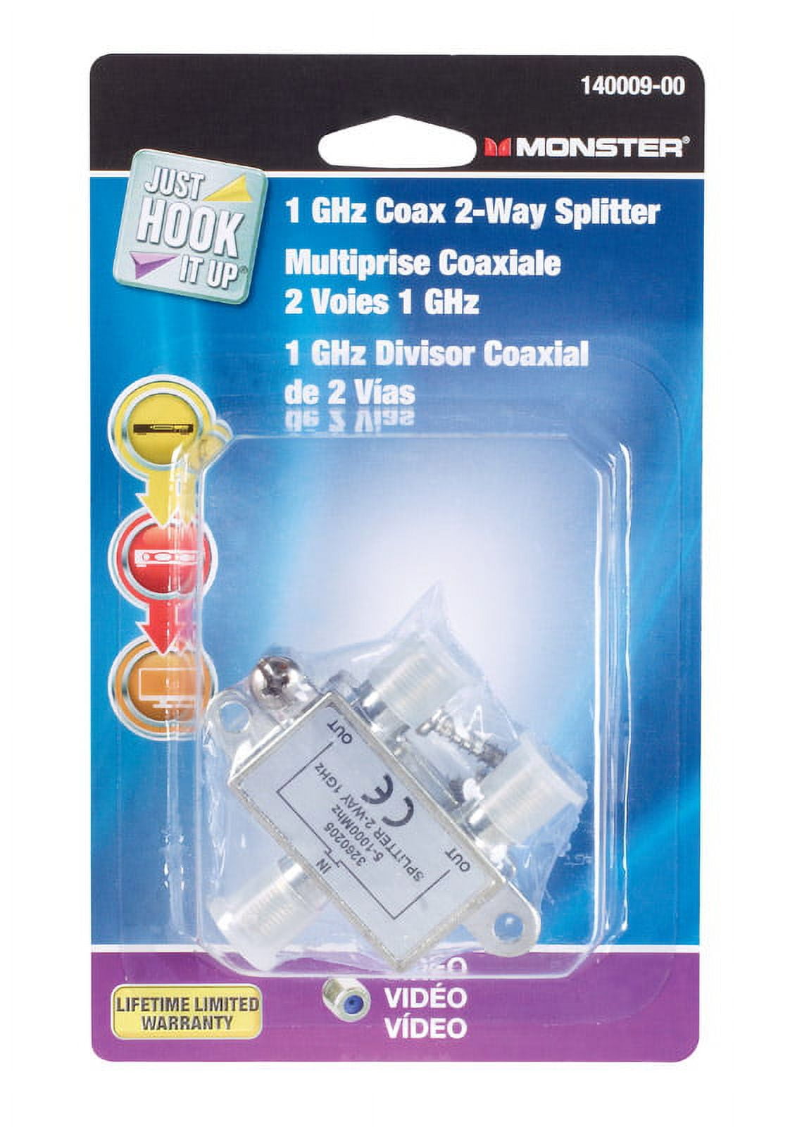 Monster 140009-00 2 Way Coax Splitter, 75 Ohm, 1 GHz - Walmart.com