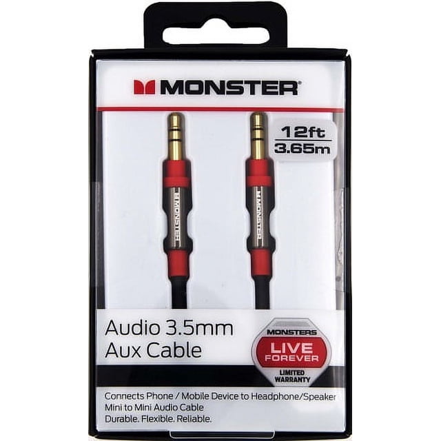 Monster® 3.5mm Male to Male Auxiliary Stereo Audio Cable 12ft, Black ...