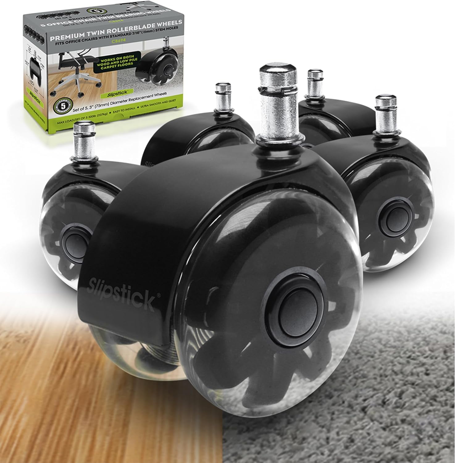 Monster 3” Dual Rollerblade Office Chair Wheels (Set of 5) Slipstick ...