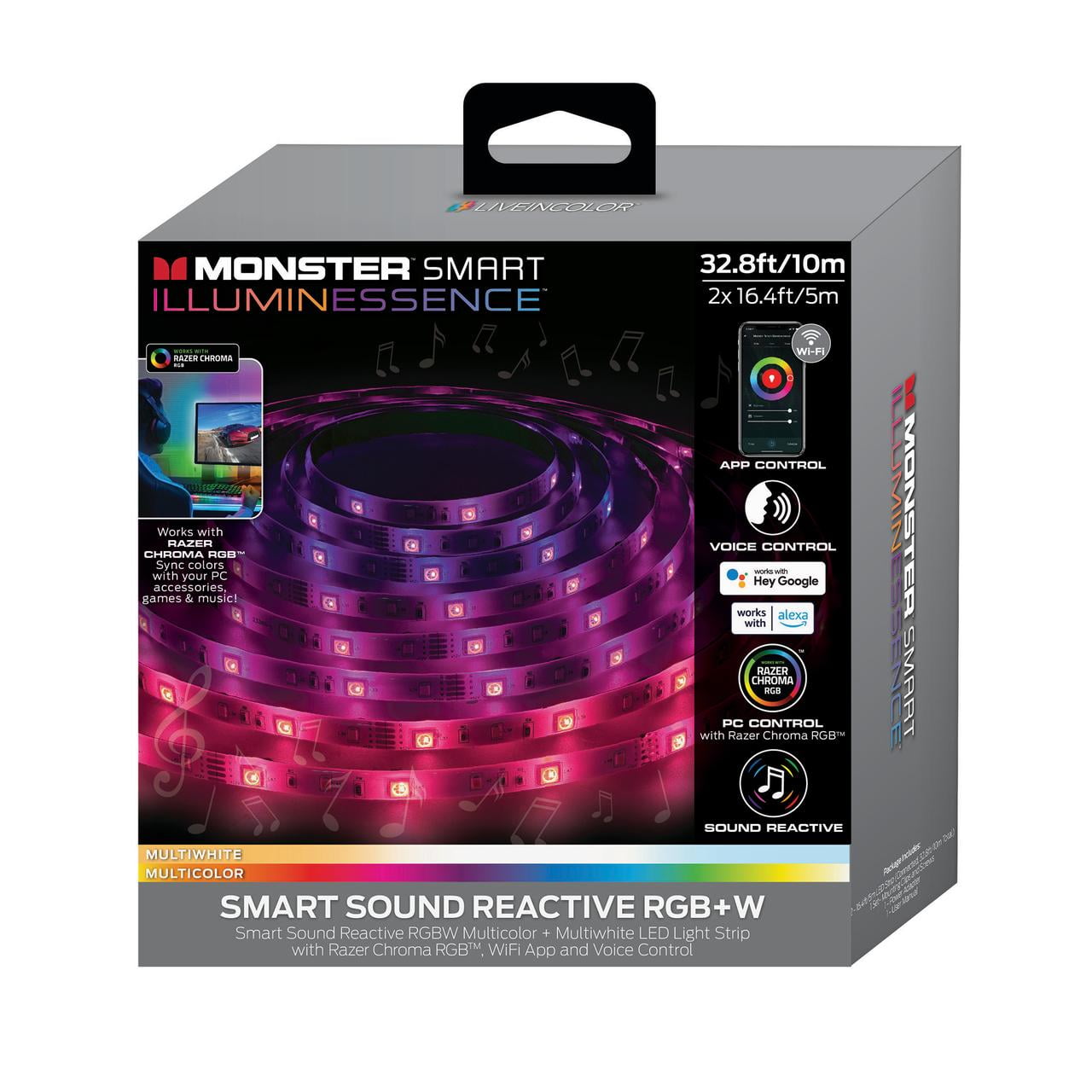 Monster 32.8ft Smart Sound Reactive Multi-Color Multi-White Livingroom ...