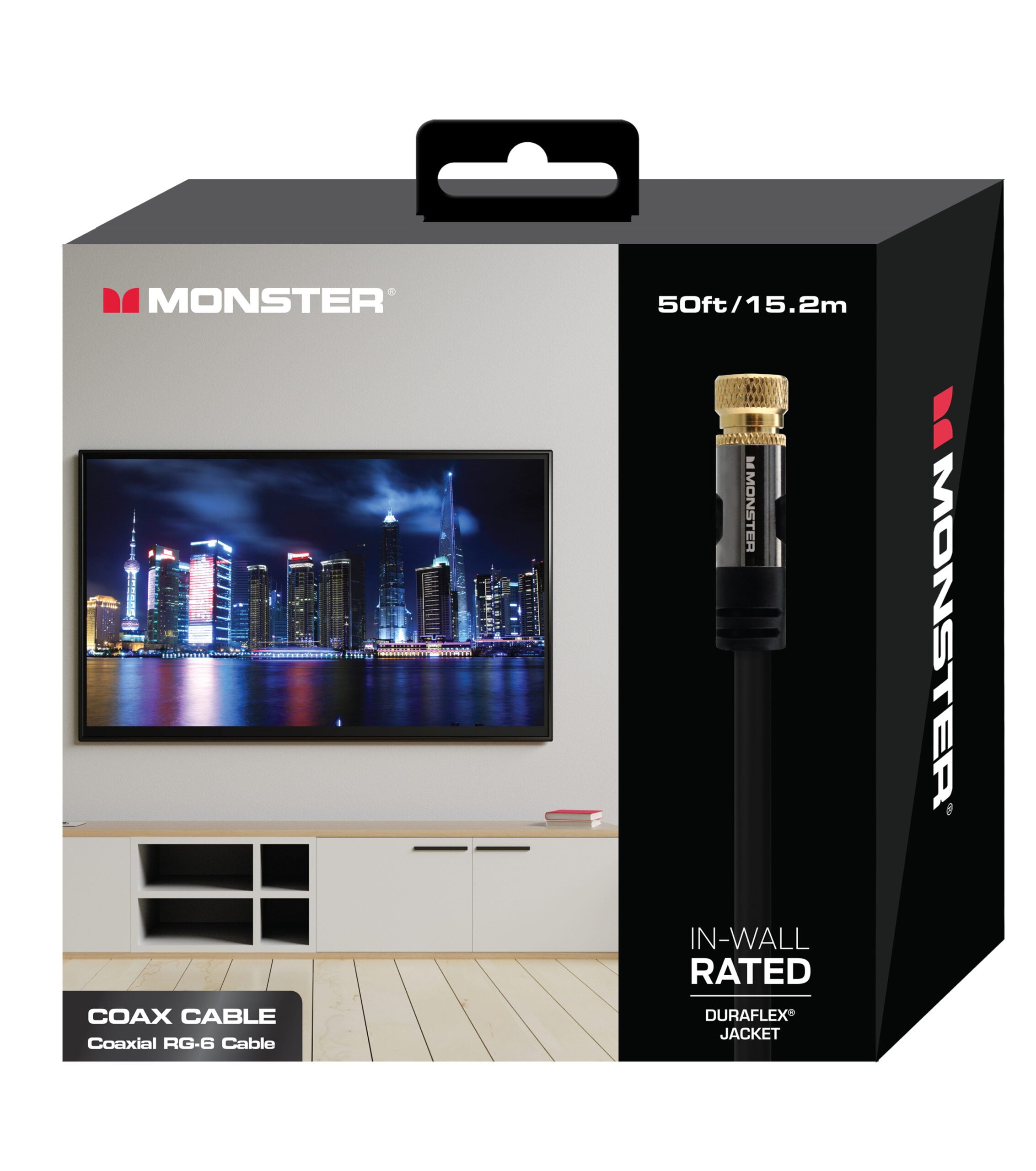Monster 50' Quad Premium Coax Cable, RG-6 F-Pin Connector, Gold-Plated ...