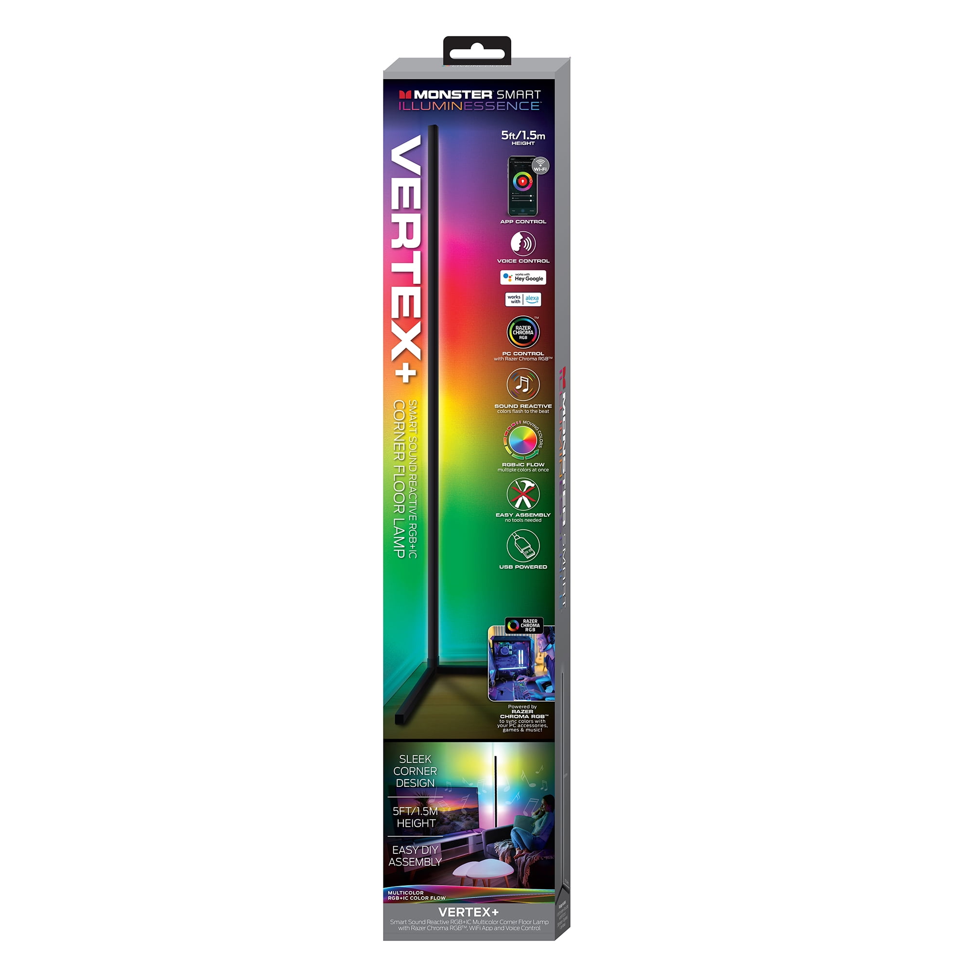 Monster 5ft Vertex Color Flow Corner LED Floor Lamp, Multi-Color ...