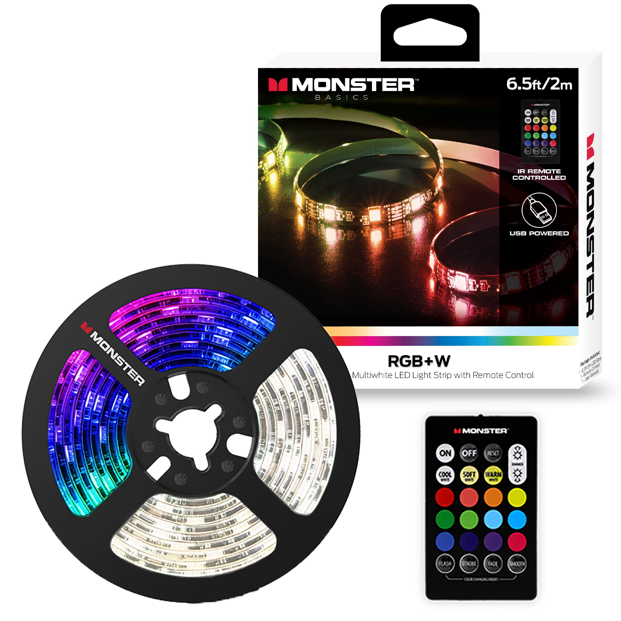Monster 6.5ft Multi-Color Indoor LED Light Strip, Multi-White, USB Plug ...