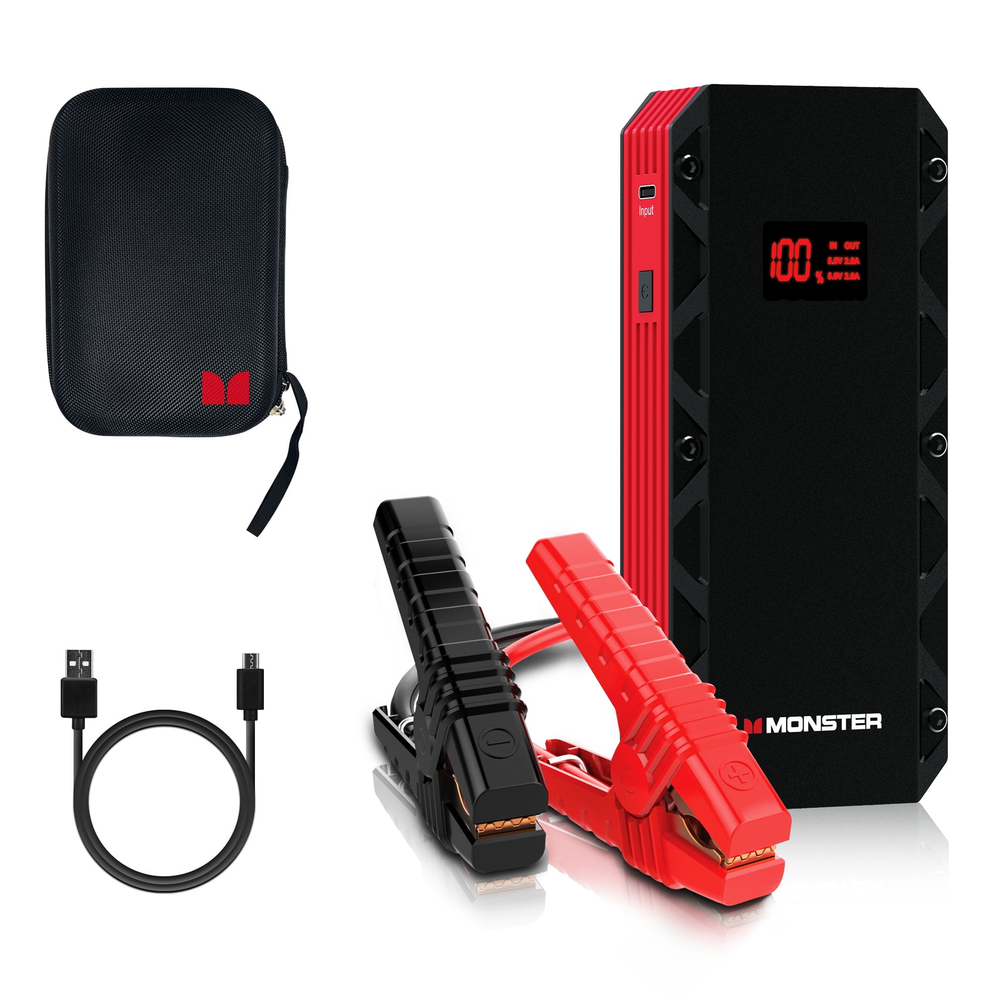 Monster 8000mAh Jump Starter with Power Bank Sparkless Jumper Cables Smart Safety Protection 12V 600A 100 Lumen Flashlight 2 USB A Outputs 1