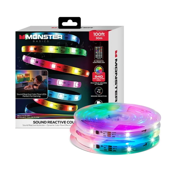Monster Basics 100ft Sound-Reactive RGB Color Flow LED Light Strip with ...