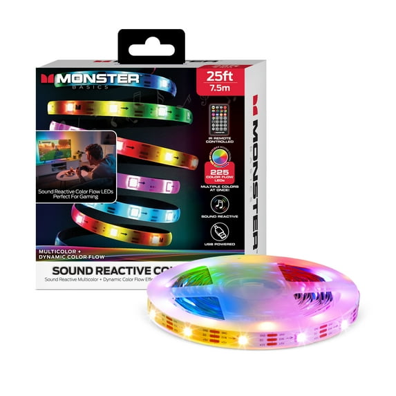 Monster Basics 25ft Sound-Reactive RGB Color Flow LED Light Strip with ...