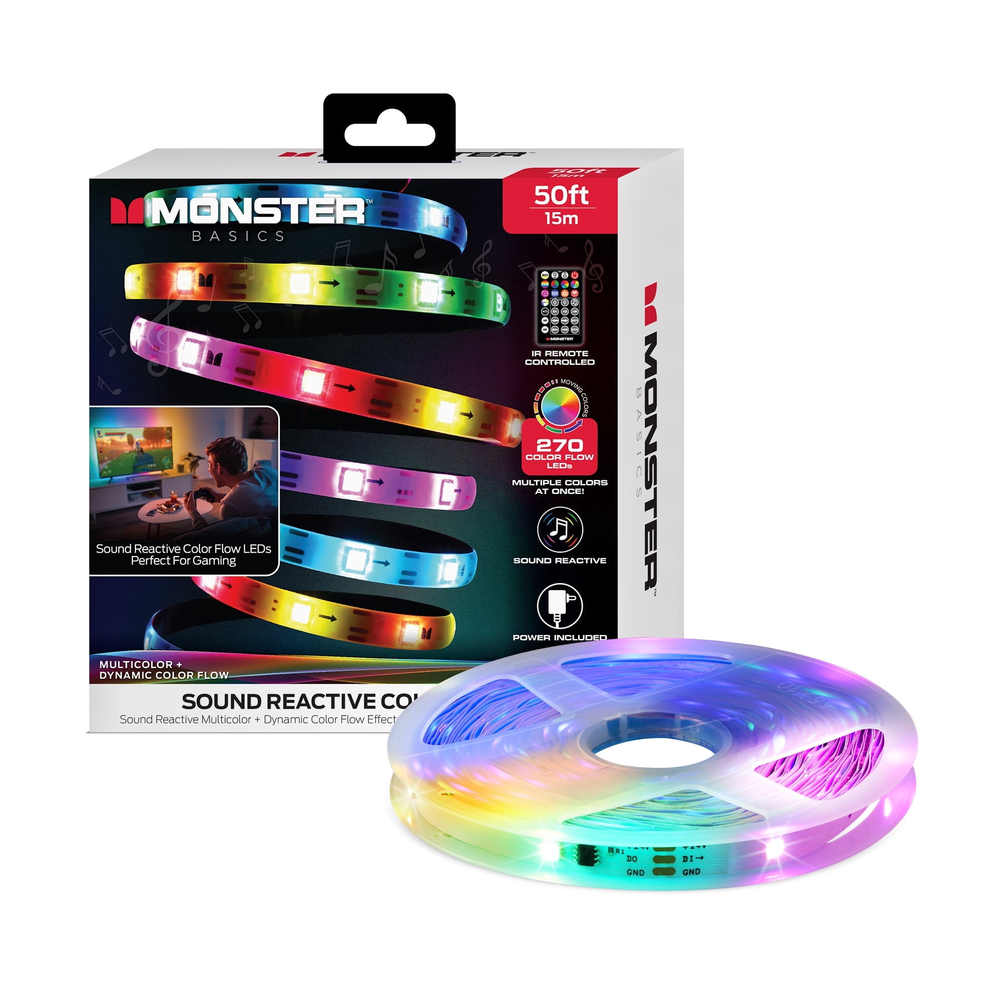 Monster Basics 50ft Sound-Reactive RGB Color Flow LED Light Strip with ...