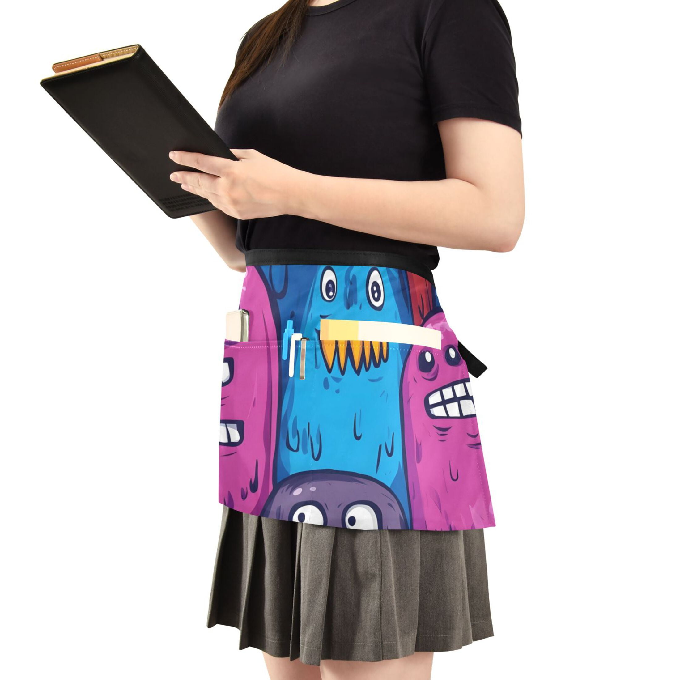 Monster Cartoon Doodle Server Apron with 3 Pockets Waist Apron for ...