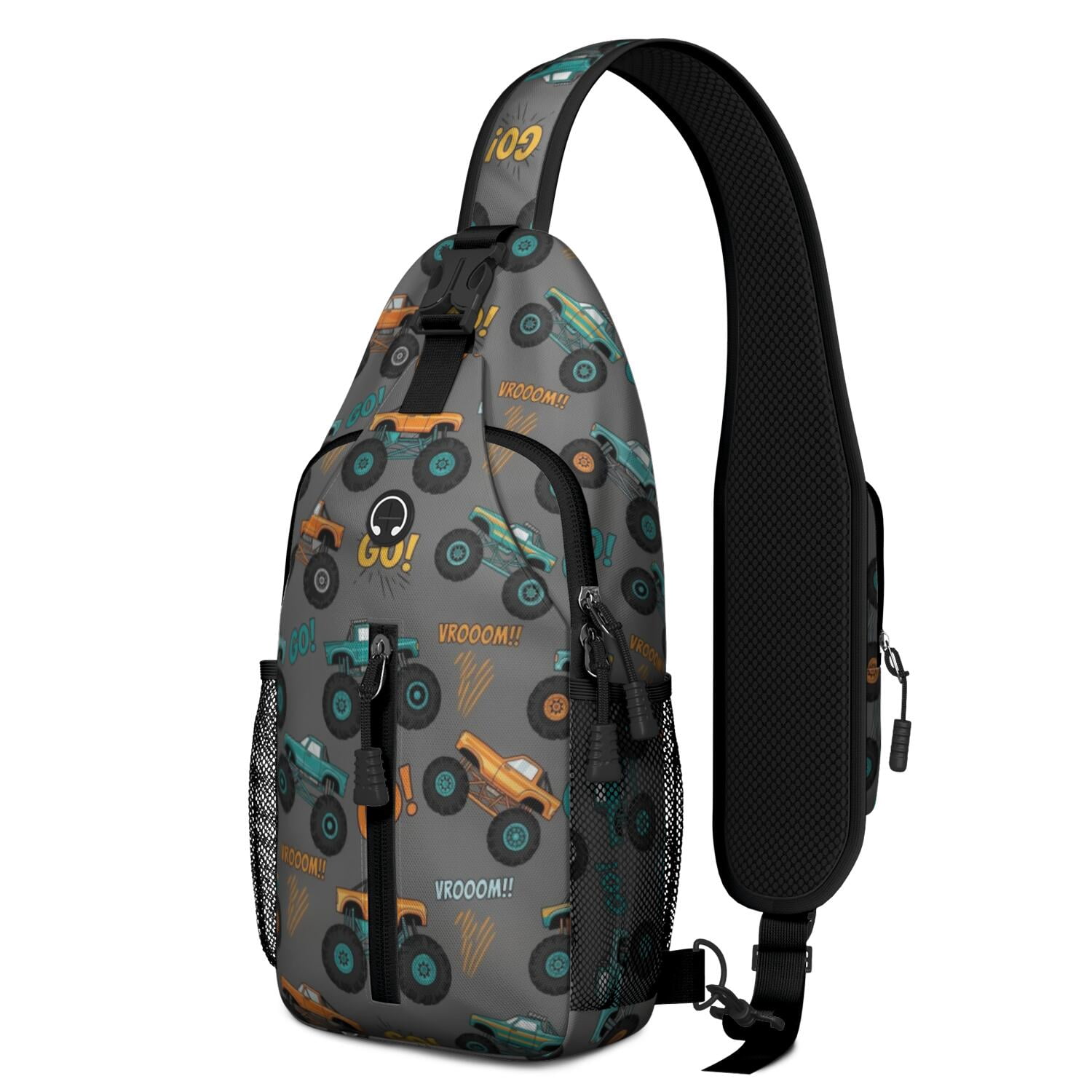 Monster Cartoon Truck Gray Pattern Sling Backpack, Cycling Sling Bag ...