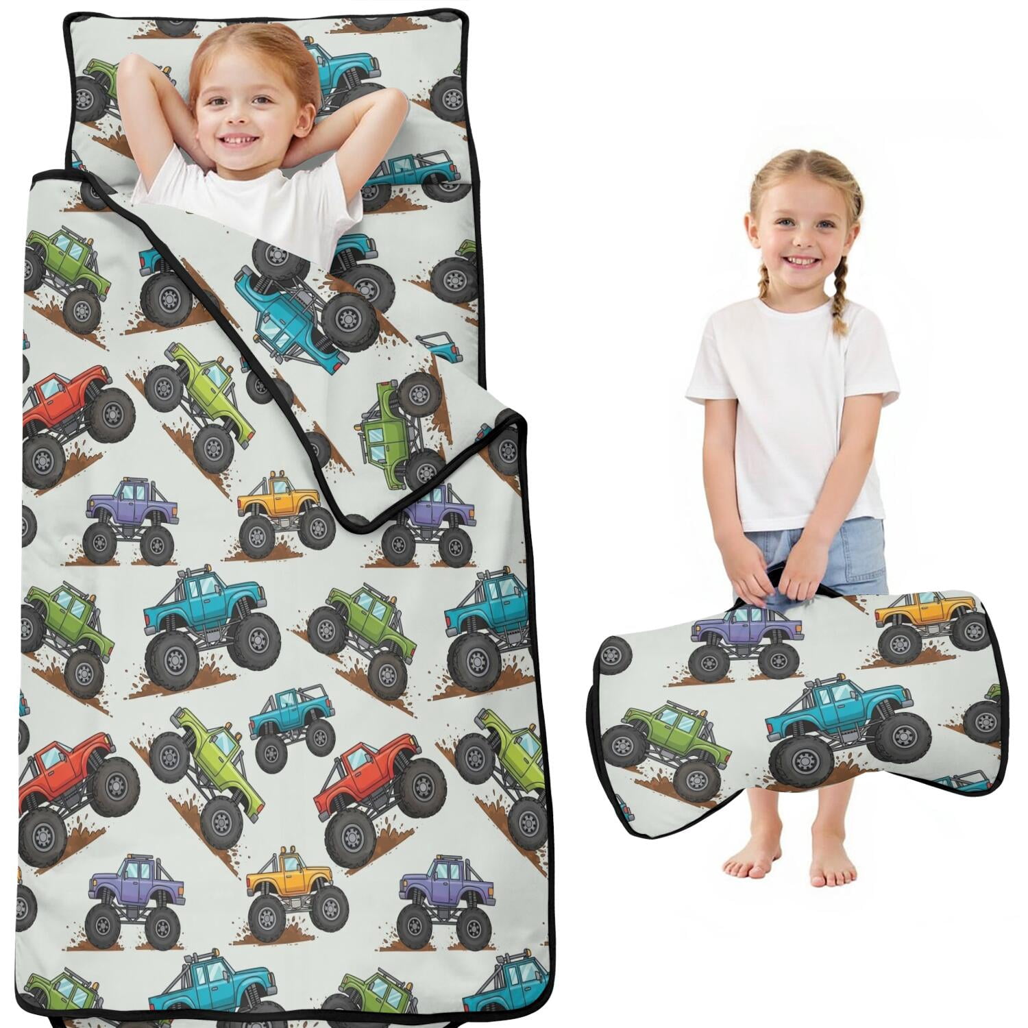 Monster Cartoon Truck Gray Pattern Teens Toddler Nap Mat with Pillow ...