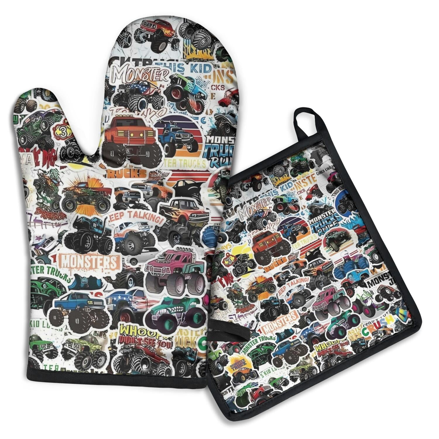 Monster Cartoon Trucks Sticker Pattern Kitchen Oven Mitt and Pot Holder ...