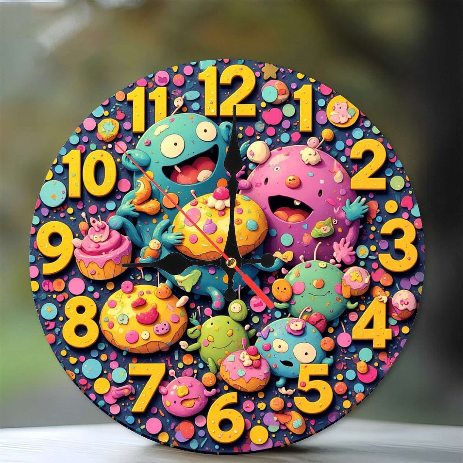 Monster Clock Cute Cartoon Wall Decor 10-Inch Silent Wooden Wall Clock ...