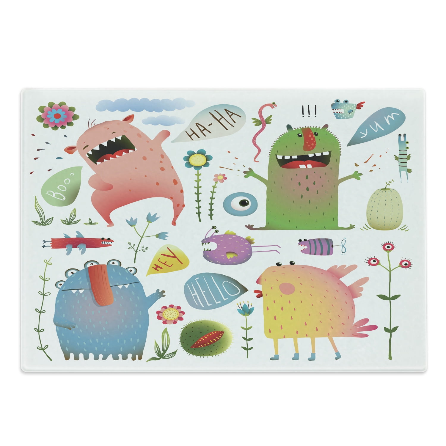 Monster Cutting Board, Alien Creatures Laughing Design with Flowers ...
