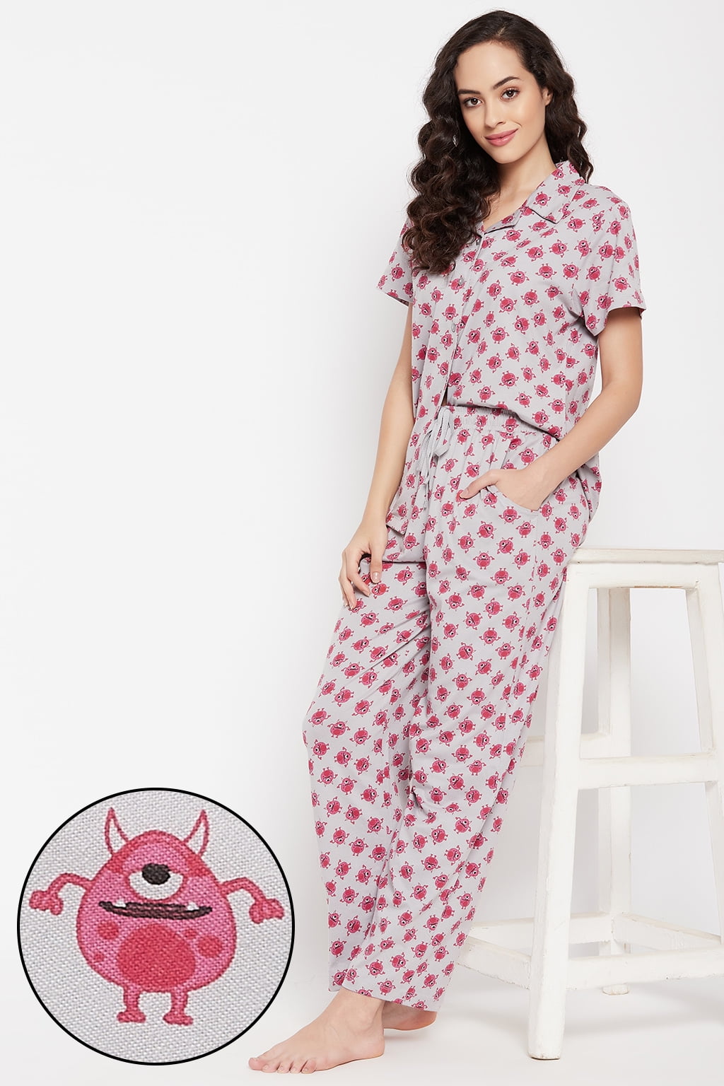 Monster Emoji Print Button Down Shirt & Pyjama Set in Grey - 100% ...