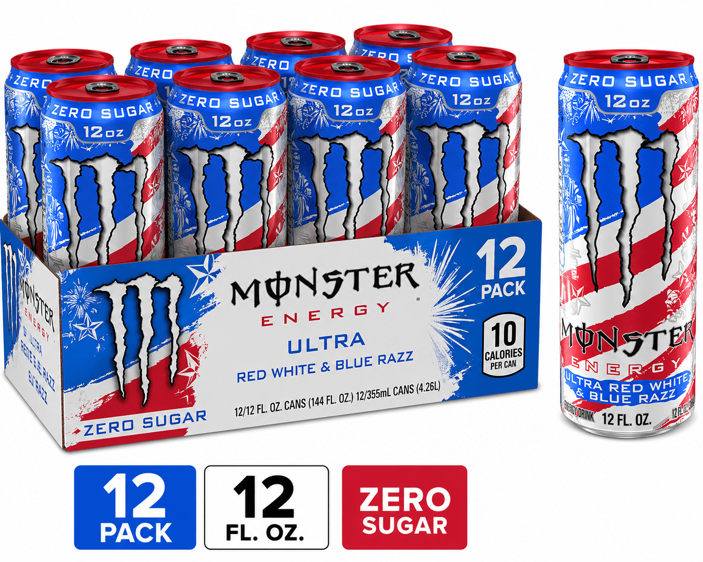 Monster Energy Ultra (Red, White, Blue Razz), Zero Sugar Energy Drink ...