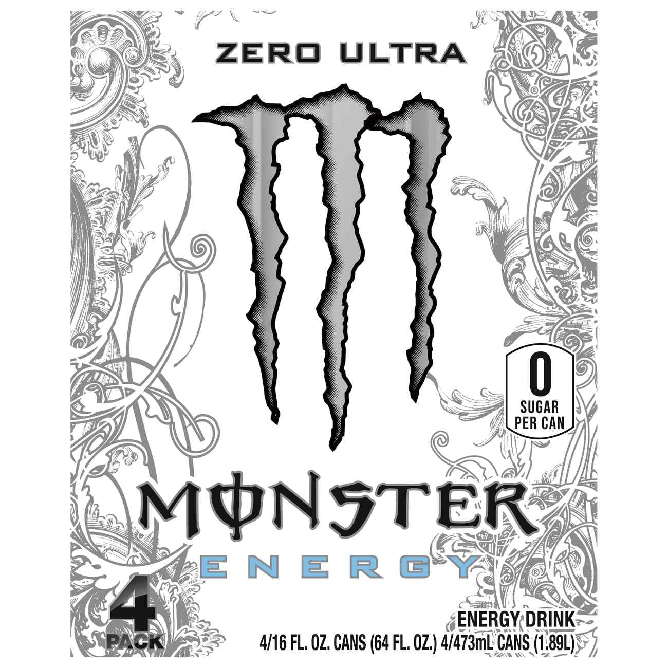 2X - Monster Energy Zero Ultra Sugar Free Energy Drink 16 oz Cans 4 pk ...