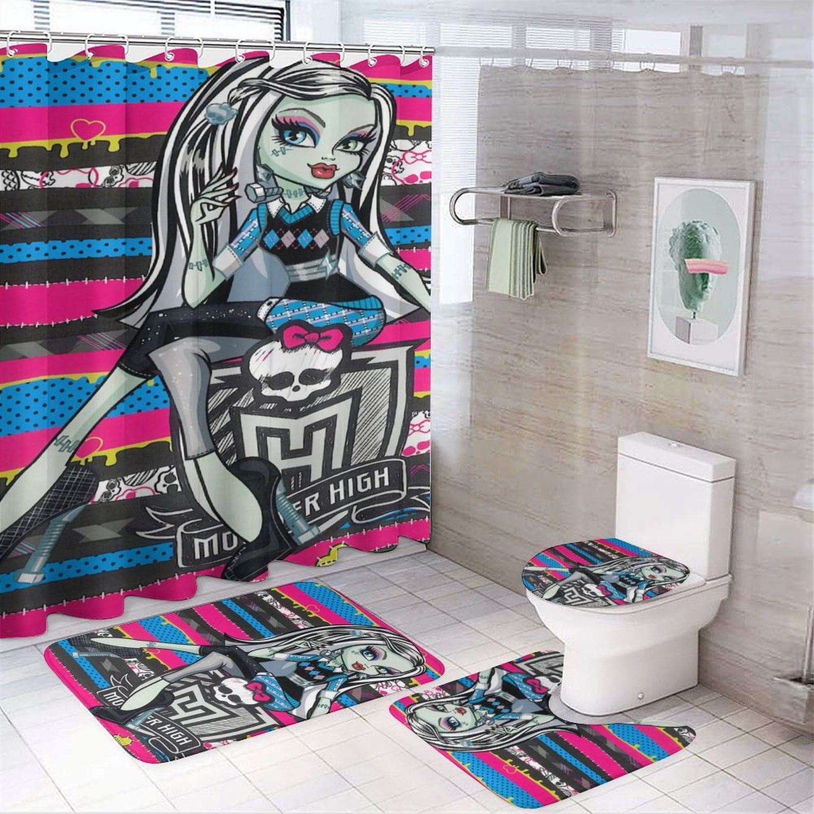Monster High 4 Piece Shower Curtain Set with Non-Slip Rugs, Toilet Lid ...
