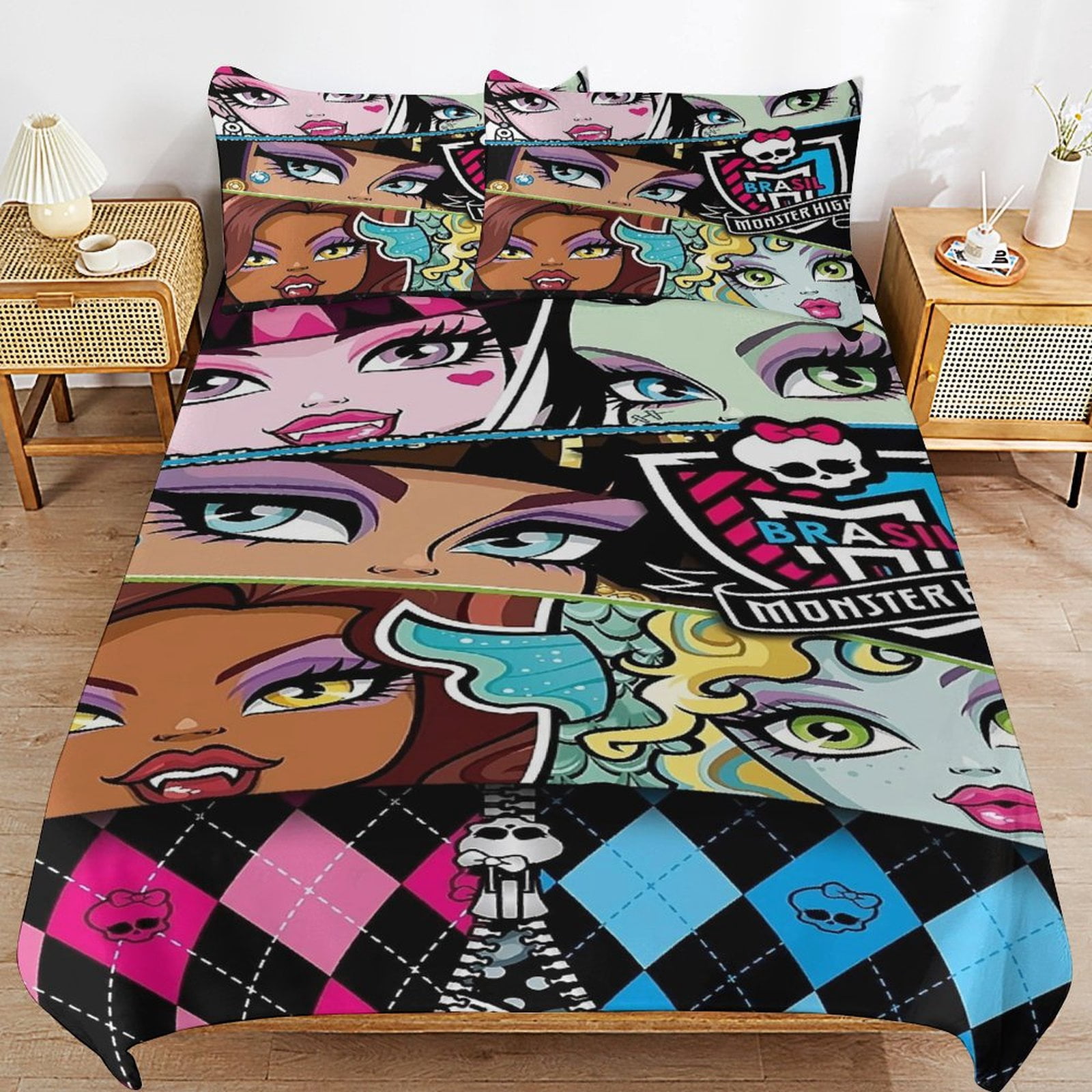 Monster High Duvet Cover 3 Pcs Set Cute Kids Comforter Cover with 2 ...