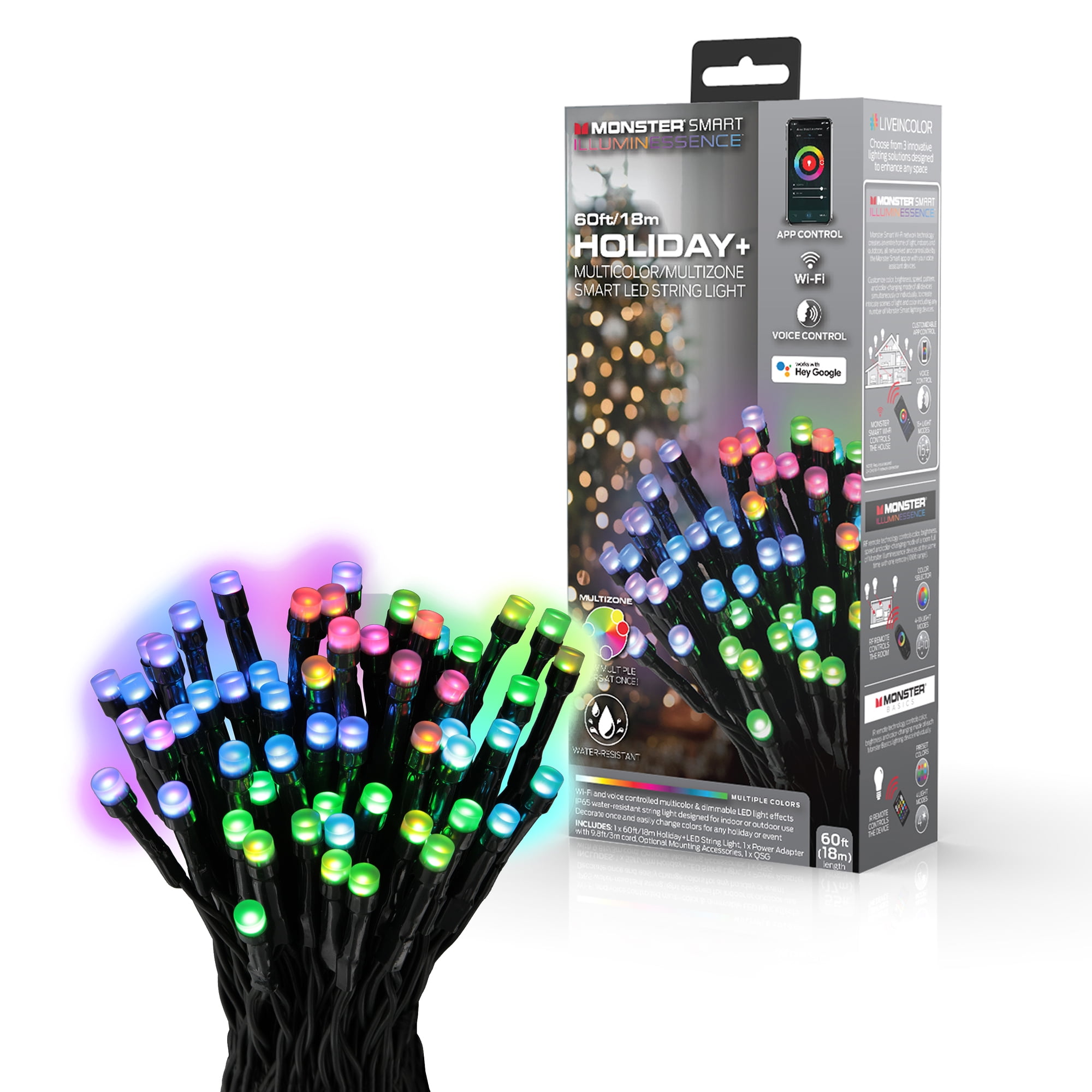 Monster Holiday+ 60ft Multicolor Multi-Zone Smart LED String Lights ...