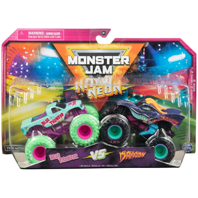 Monster Jam Toy, Neon Nitro 2-Pack 1:64 Monster Trucks, Blue Thunder Vs ...