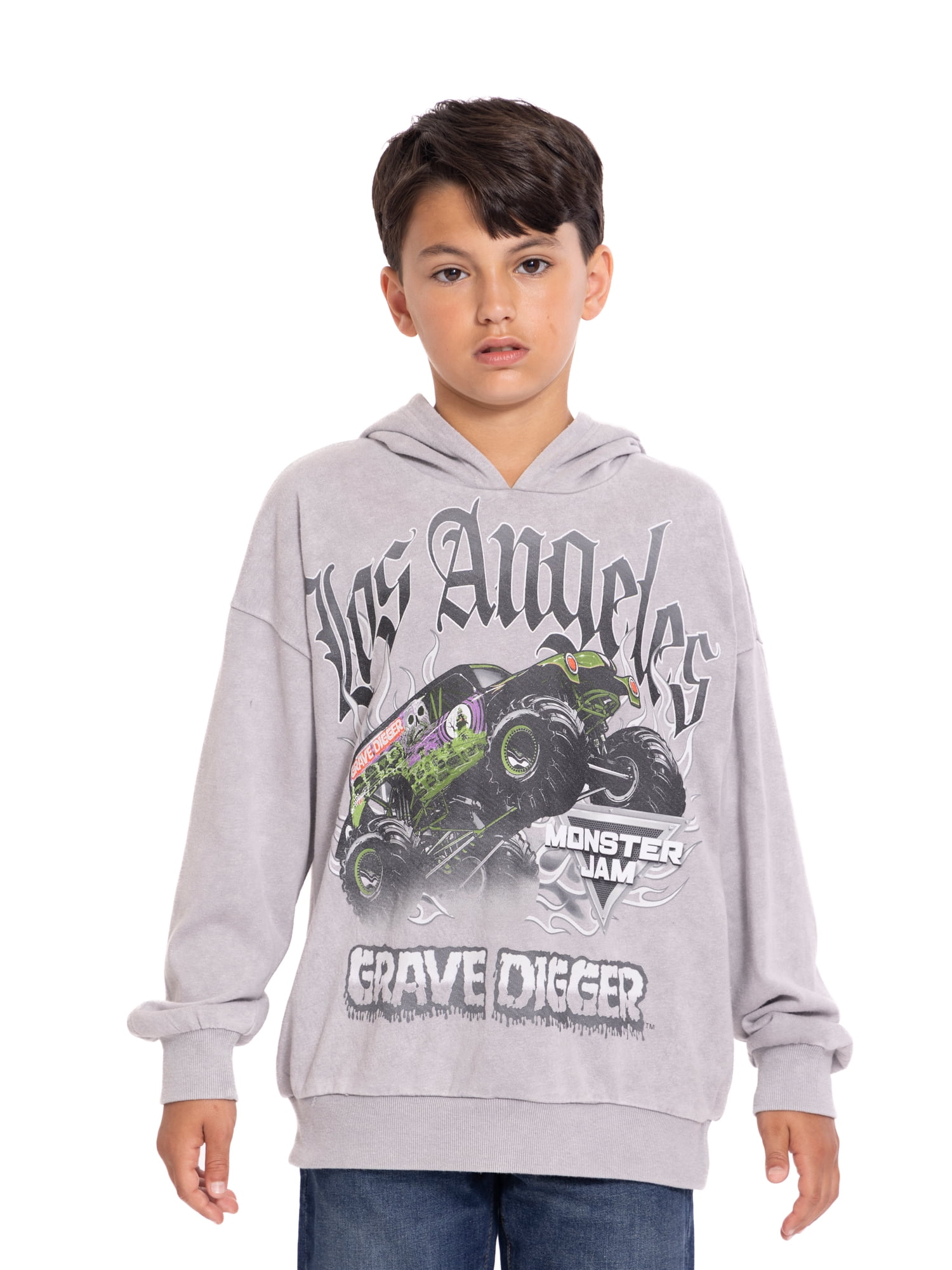 Monster Jam Boys' Grave Digger Graphic Mineral Wash Hoodie Sweatshirt ...