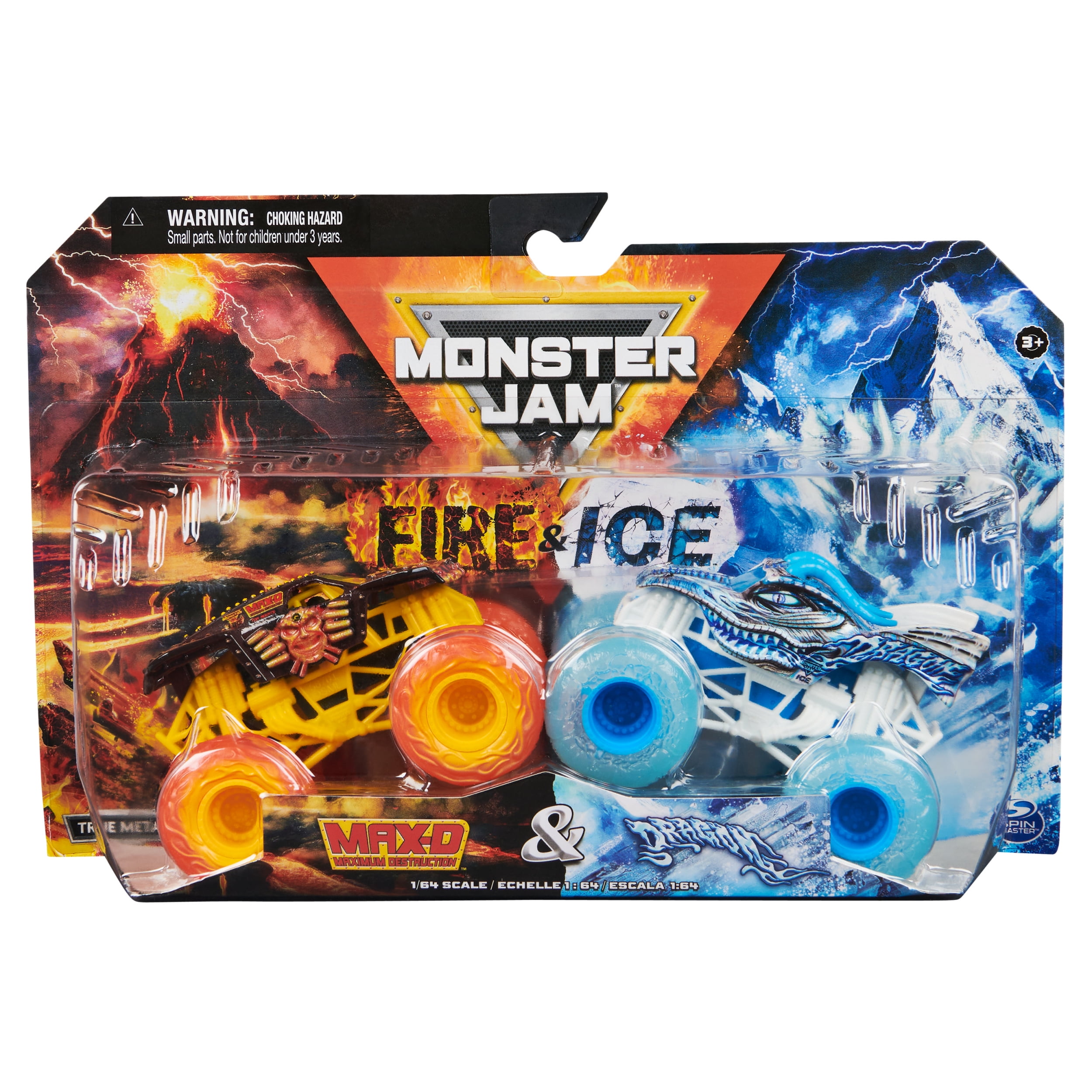 Monster Jam 1:64 Scale Fire & Ice Dragon Vs. Max-D Die-Cast Monster ...