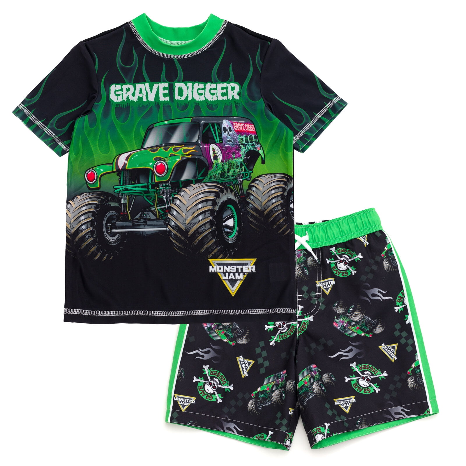 Monster Jam Grave Digger UPF 50+ Rash Guard and Swim Trunks Outfit Set ...