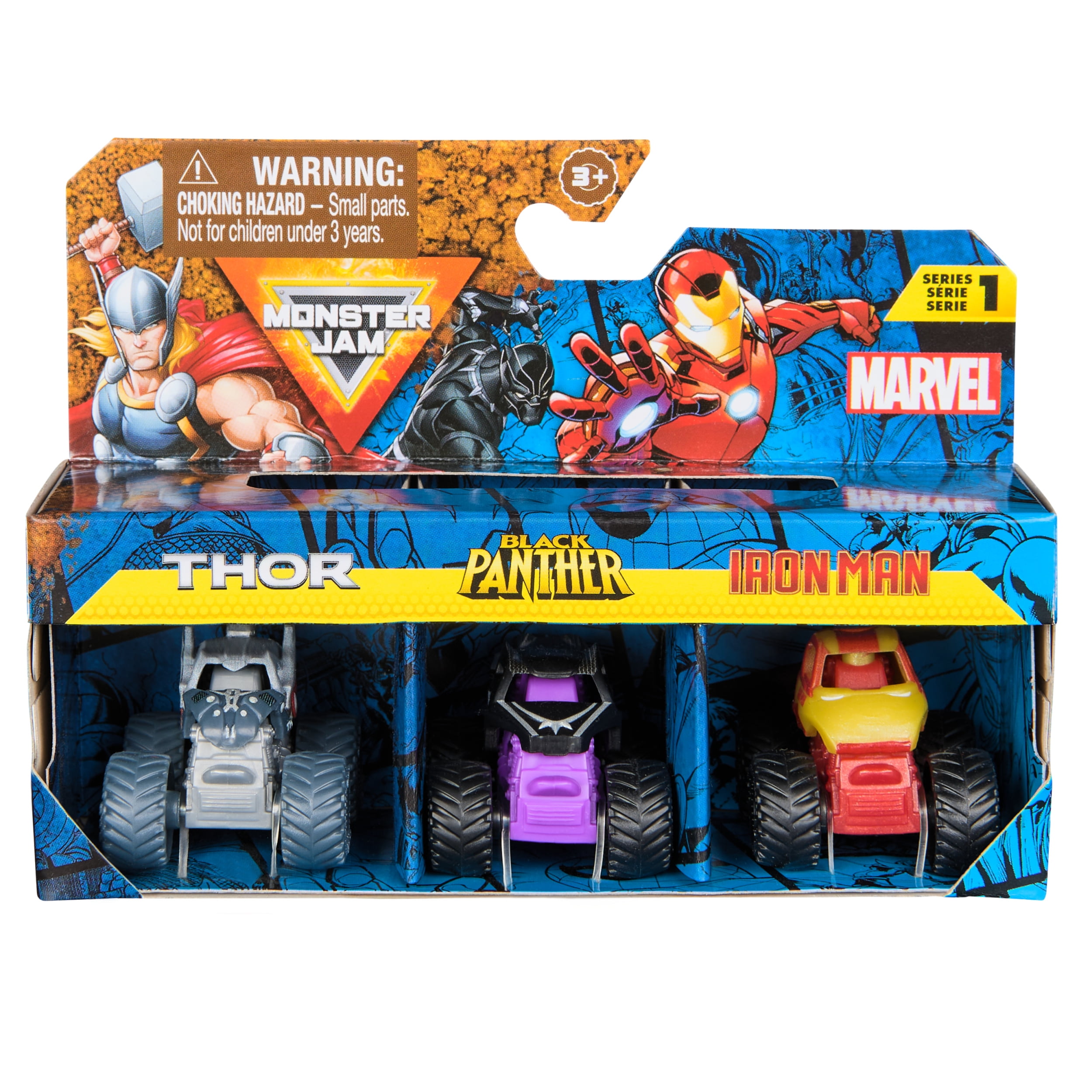 Monster Jam, Marvel Mini Monster Truck 3-Pack, Thor, Black Panther, Iron Man Die-Cast Monster ...