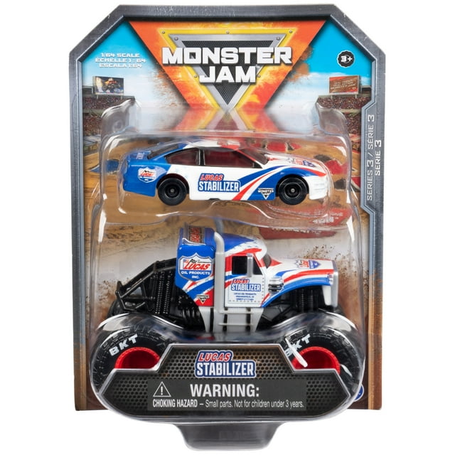 Monster Jam Toy Set, Lucas Stabilizer Truck and Race Car, 1:64 Scale ...