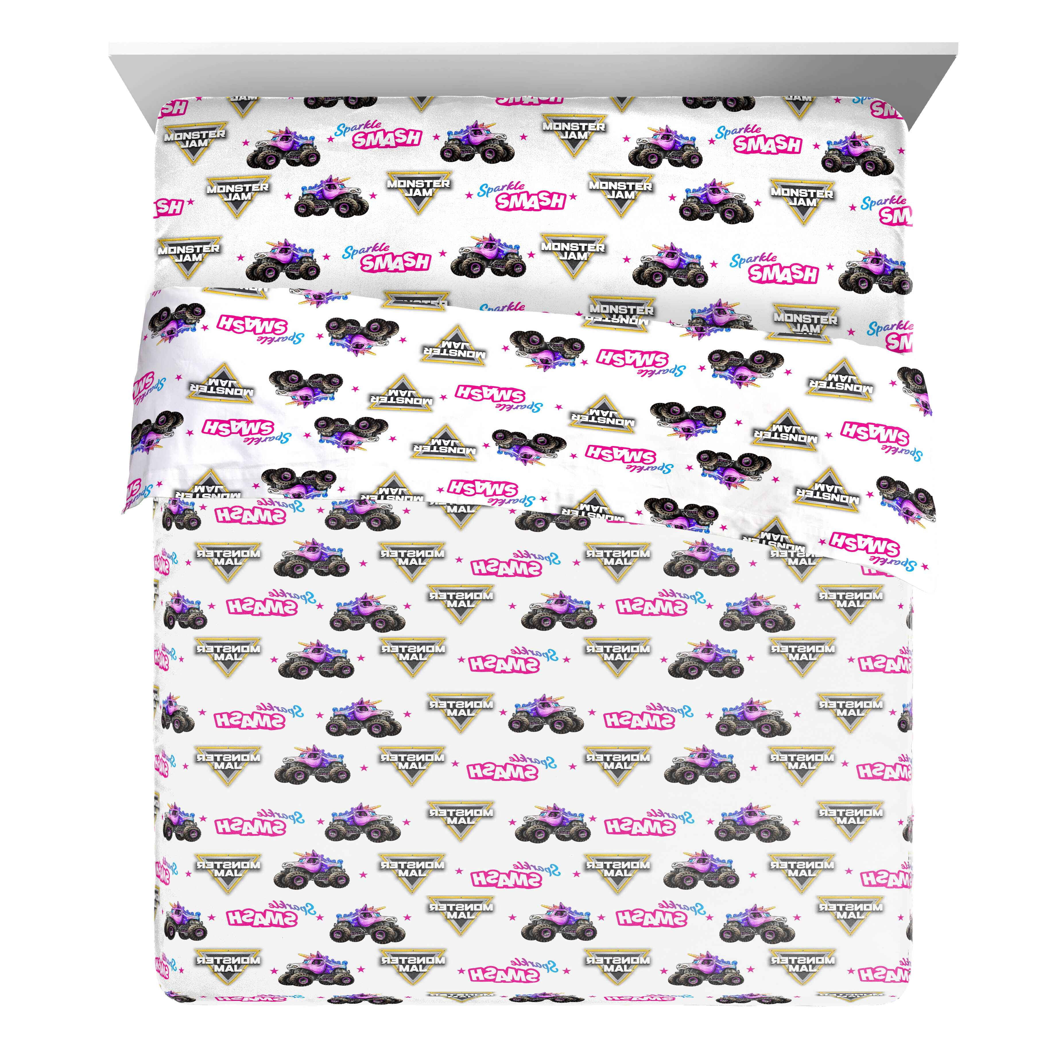 Monster Jam Sparkle Smash 4-Piece Full Sheet Set, Polyester, Pink ...