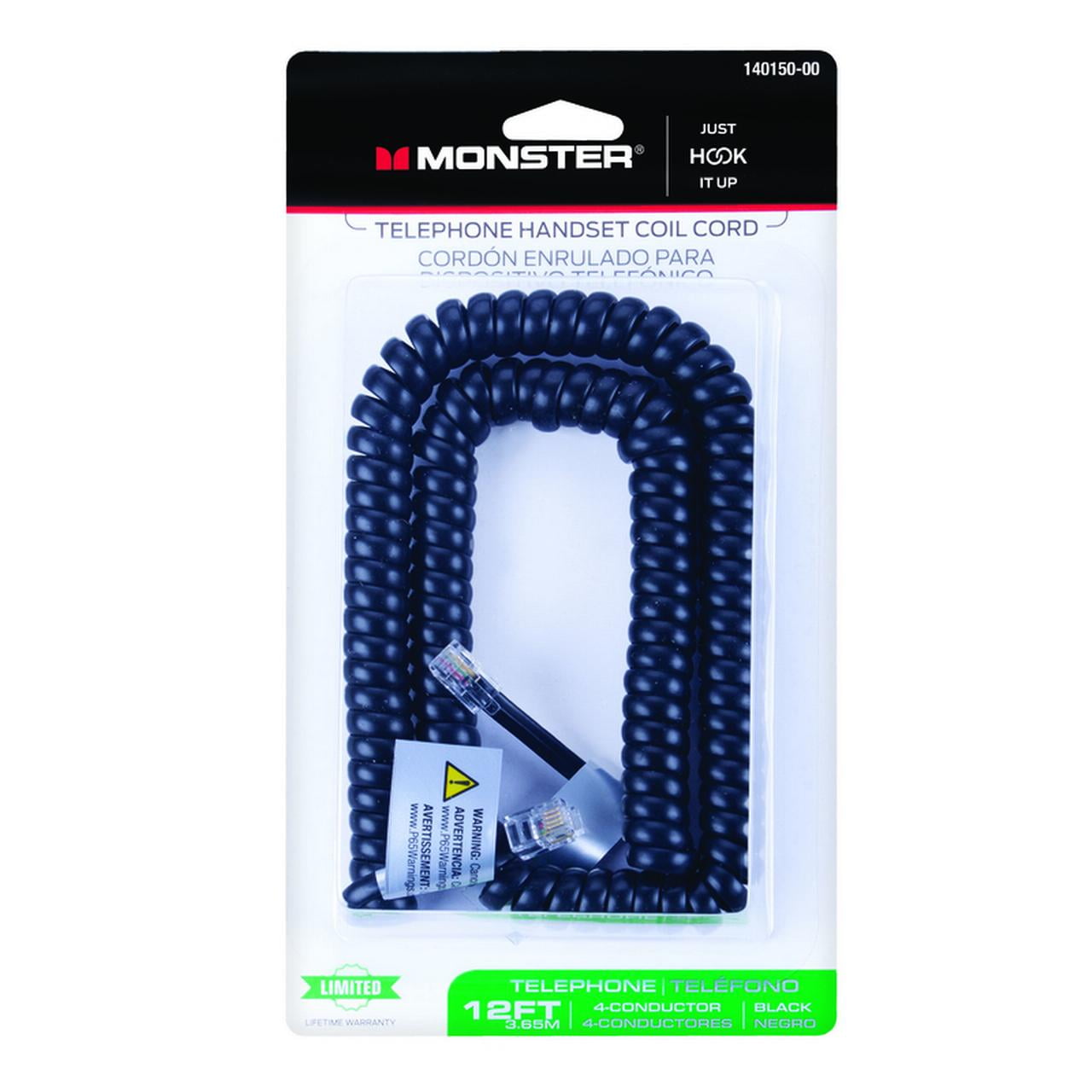 Monster Jhiu 140150-00 12 ft. 4 Conductor Black Telephone Handset Coil ...