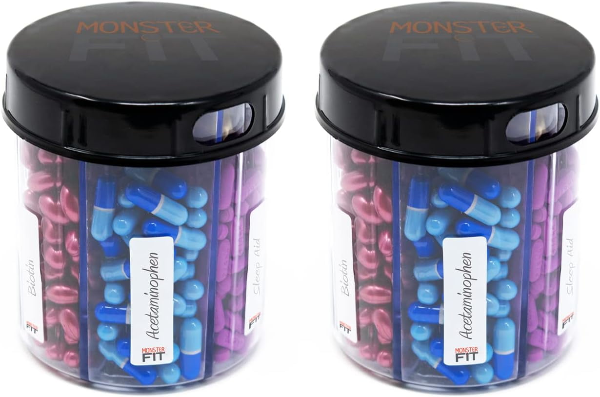 Monster Jr Supplement Pill Dispenser with Labels - Holds Small Medium Medication Vitamins and ...