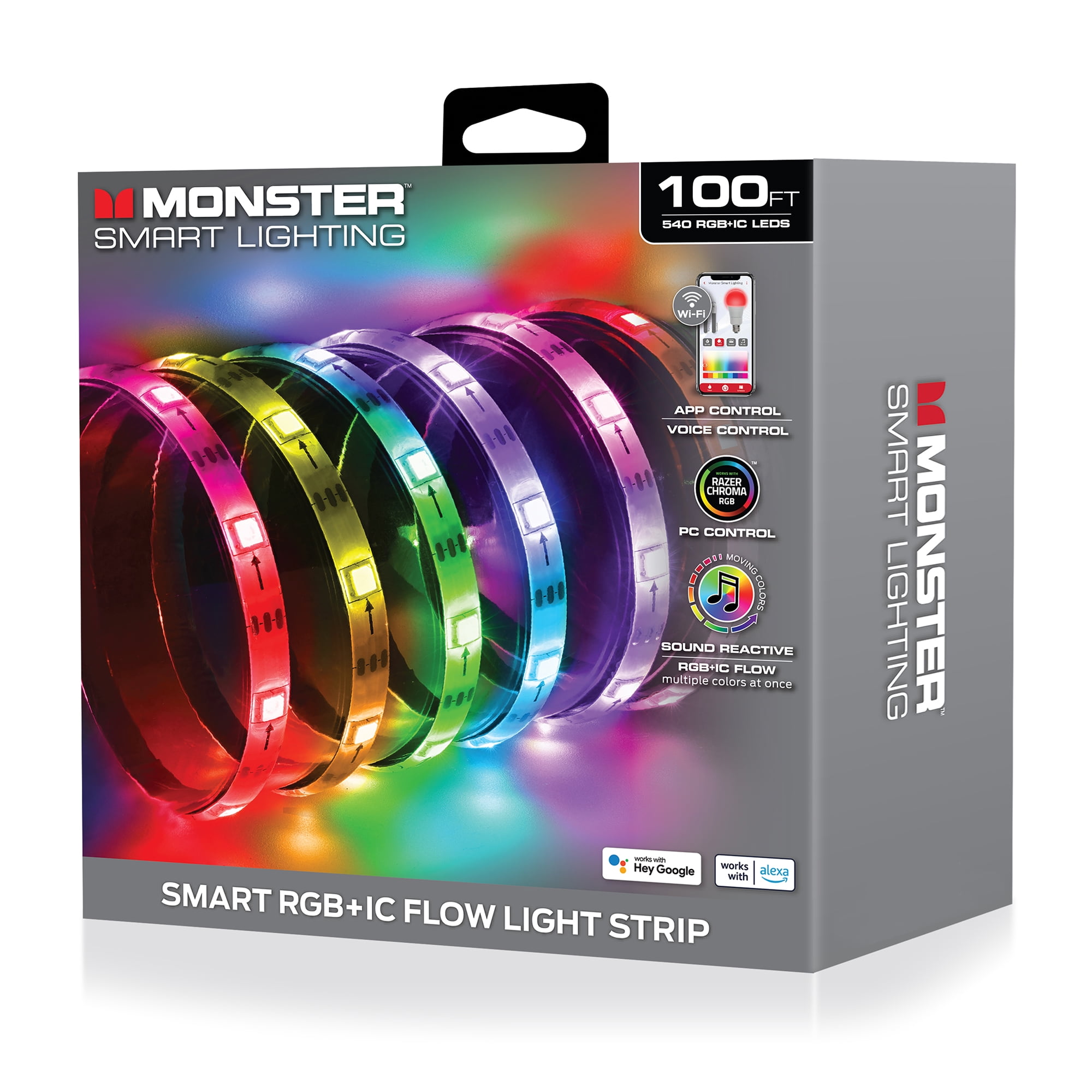 Monster Smart 100ft Indoor Multi-Color Flow LED Light Strip, Sound Reactive, Razer, Corded ...