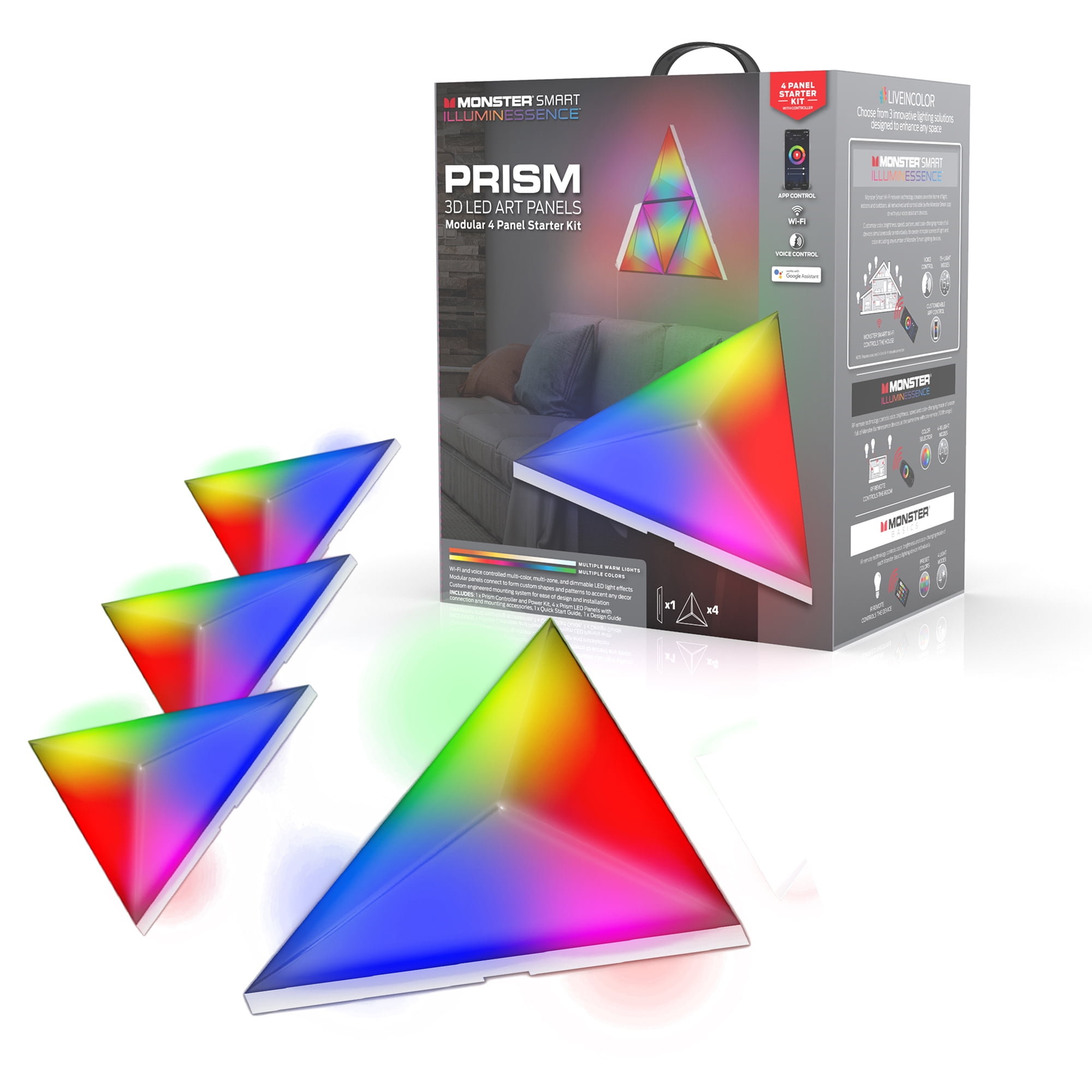 Monster Smart LED Prism 3D RGB Art Panels, 4 Bright Modular Panel Kit ...