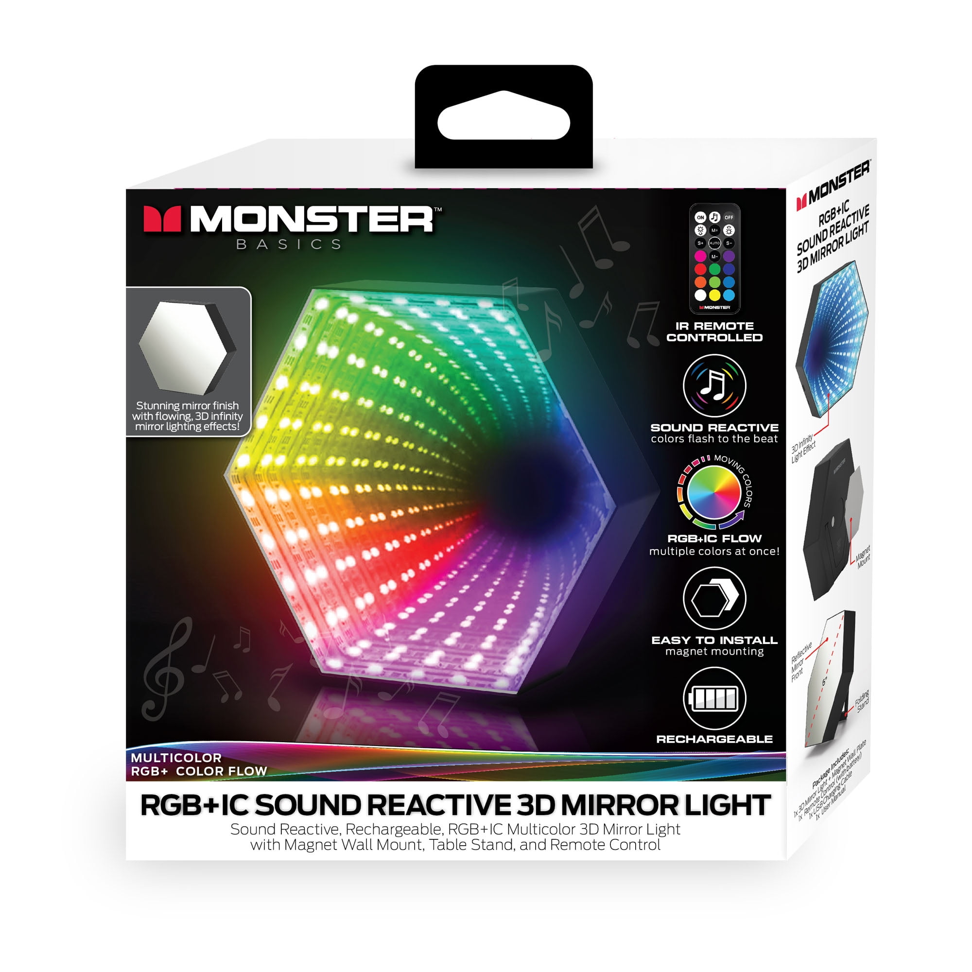 Monster LED Smart Rechargeable 3D Mirror Multicolor Color Flow Light Sound-Reactive 6.4 x 6.3 x ...