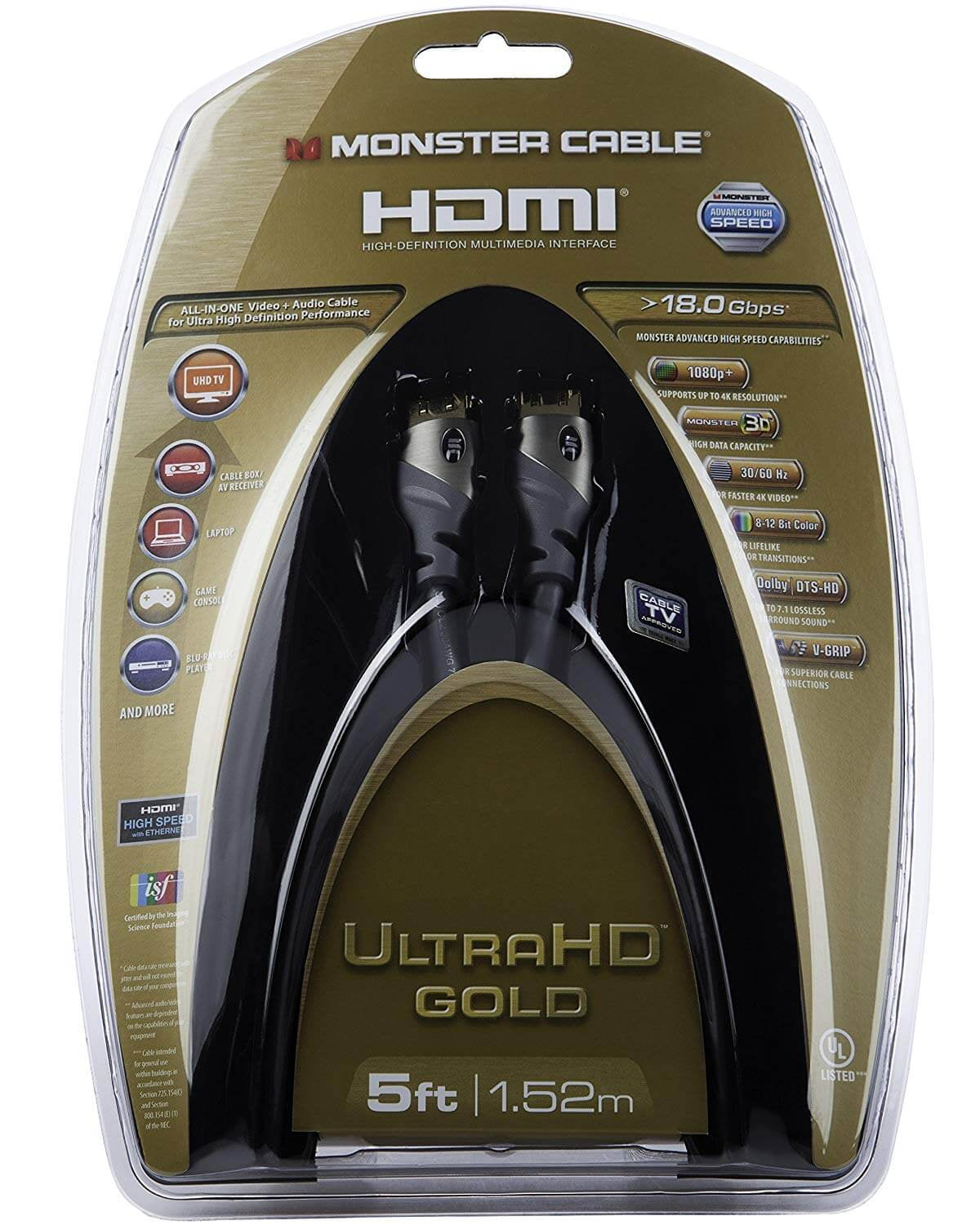 Monster MCGOLDUHD5 5ft Gold Advanced High Speed HDMI Ethernet Cable ...